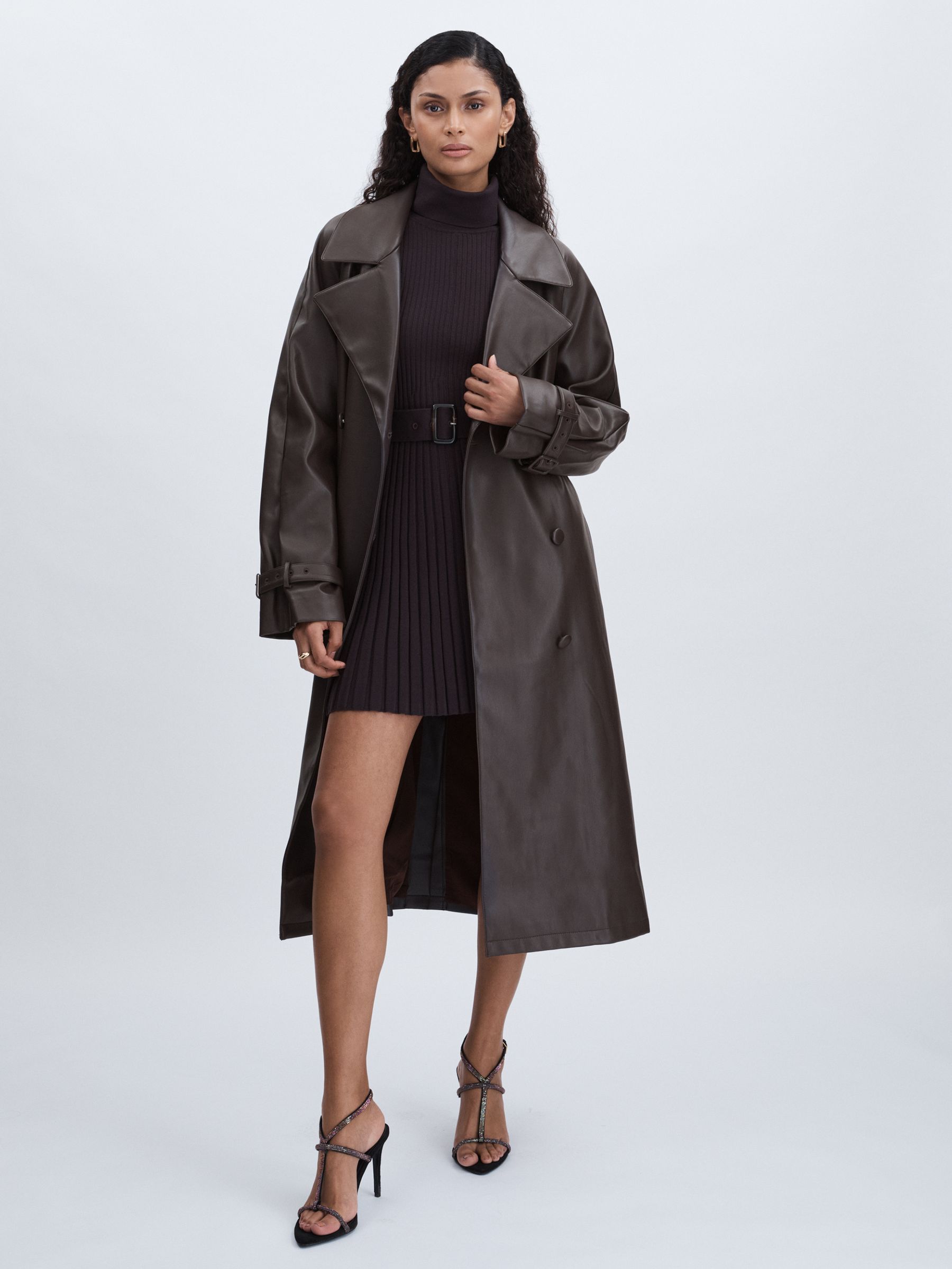 Reiss Good American Faux-Leather Trench Coat in Bitter Chocolate - REISS