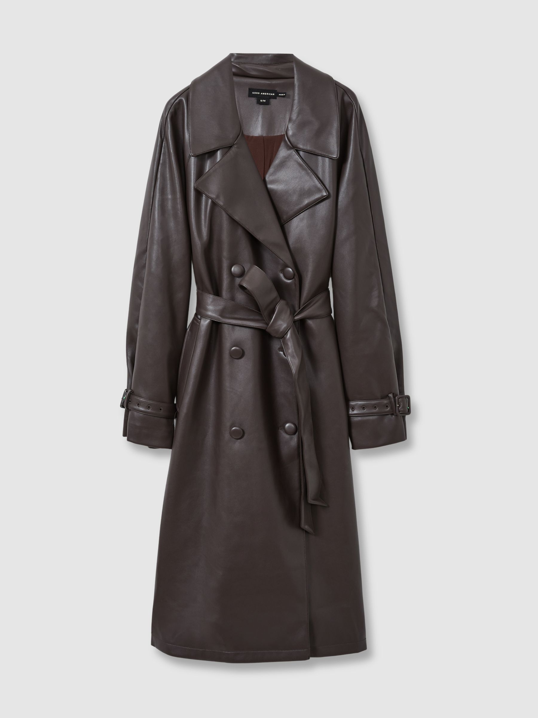 Reiss Good American Faux-Leather Trench Coat in Bitter Chocolate - REISS