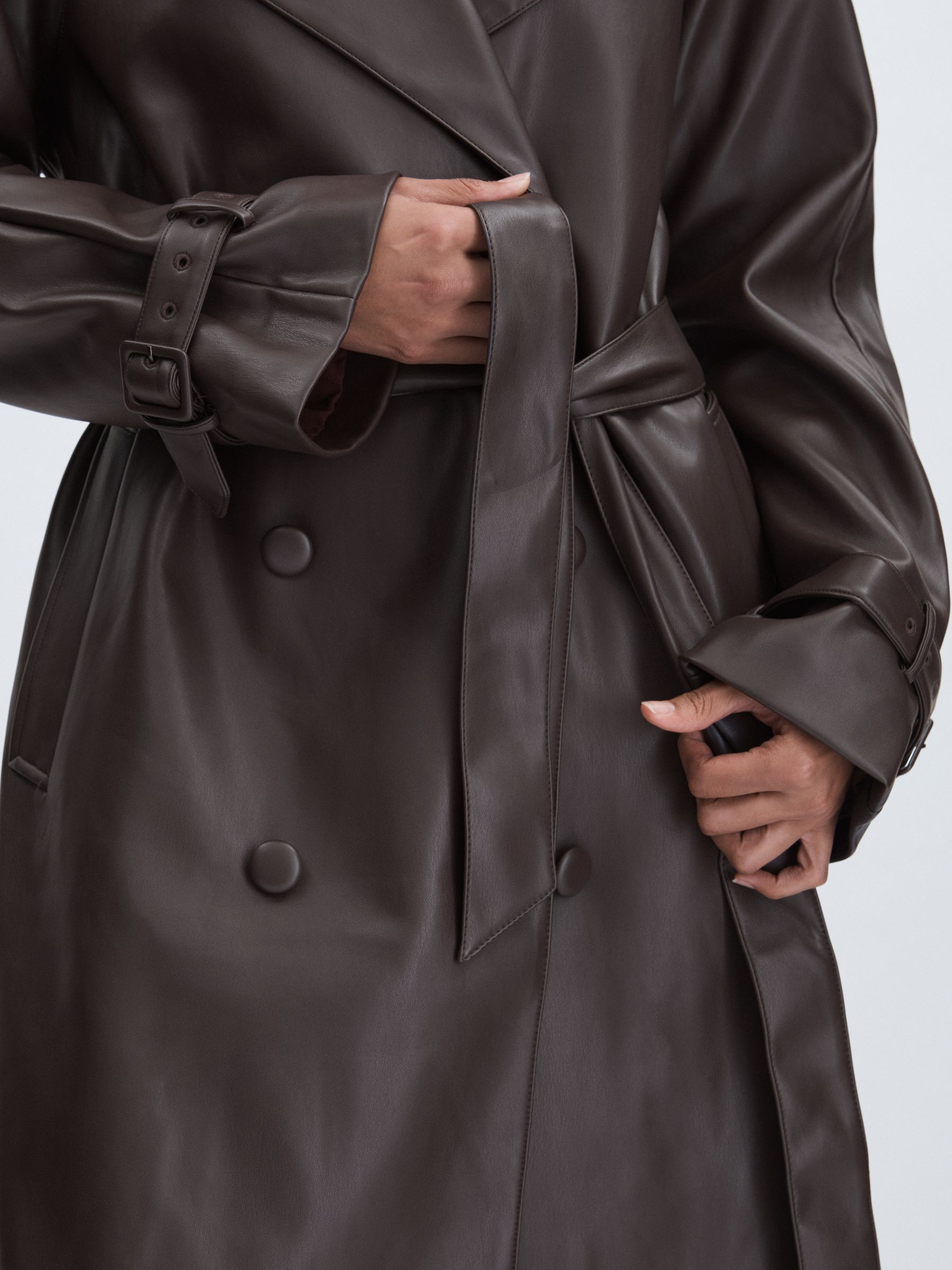 Reiss Good American Faux-Leather Trench Coat in Bitter Chocolate - REISS