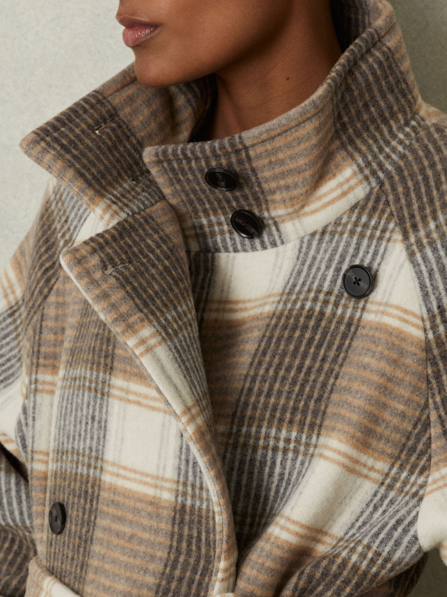 Reiss Wool Blend Check Double Breasted Coat in Neutral Check | REISS