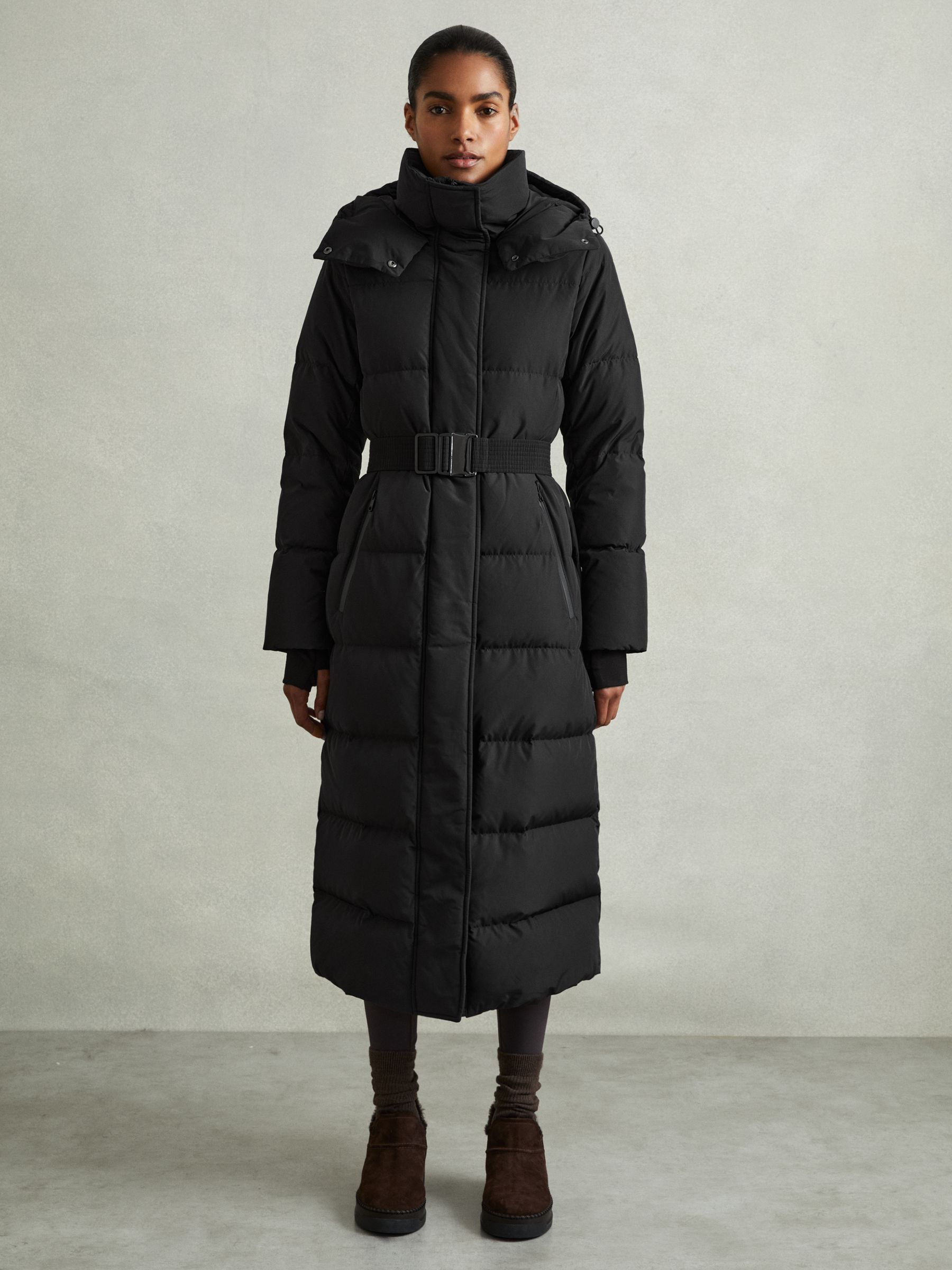 Reiss Longline Hooded Puffer Coat in Black | REISS