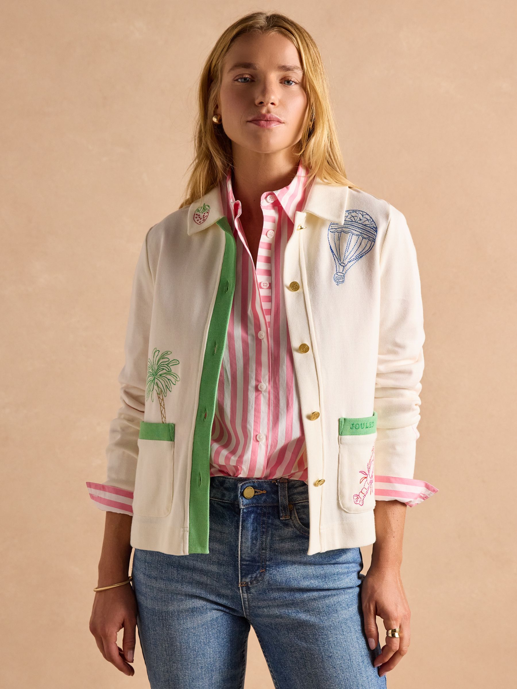 Premium Ribbed Embroidered Cream Jersey Cardigan | Joules
