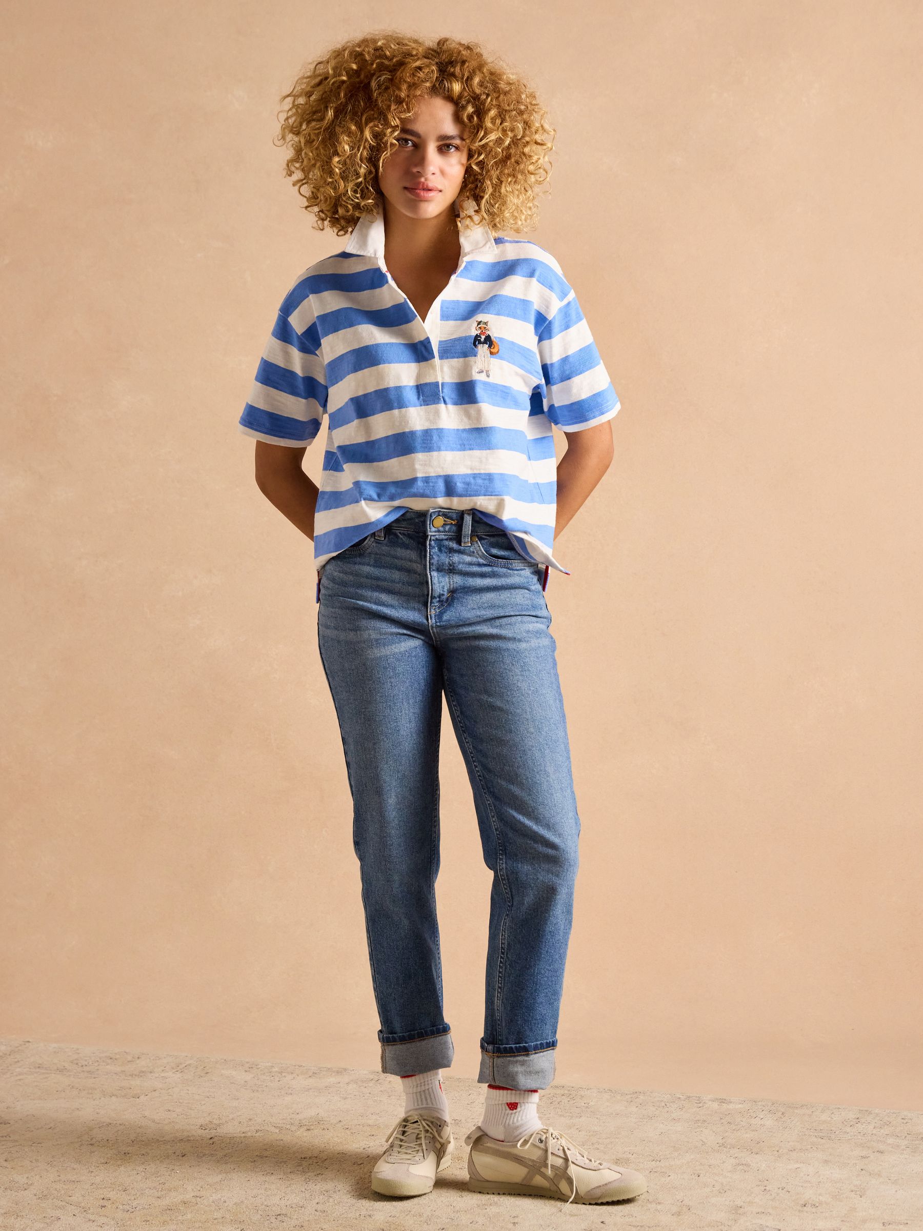 Leighton Blue Stripe Short Sleeve Cotton Slub Rugby Top | Joules