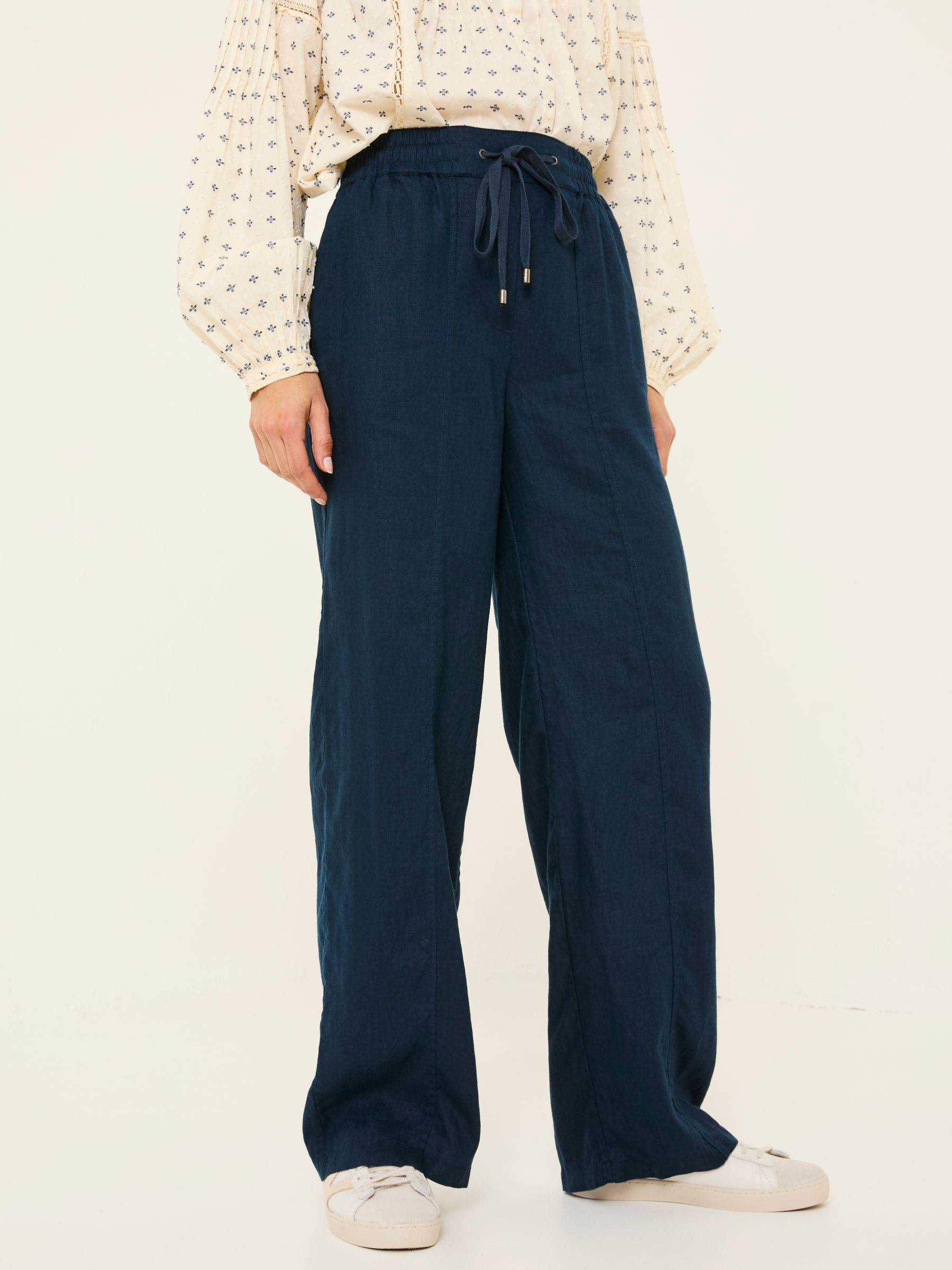 Iva Navy Wide Leg Linen Trousers | FatFace