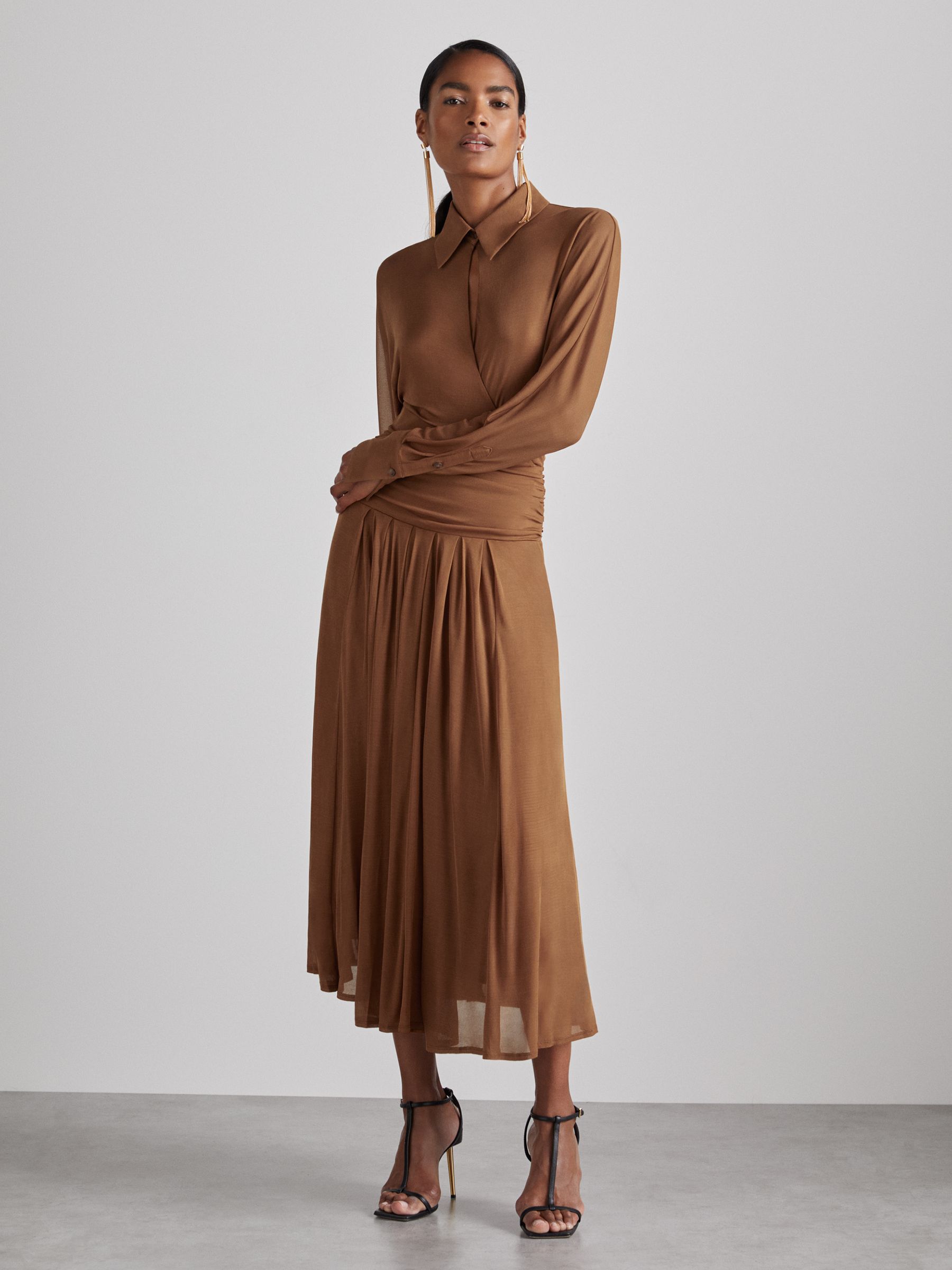 Reiss Atelier Gathered-Georgette Maxi Dress in Tan | REISS
