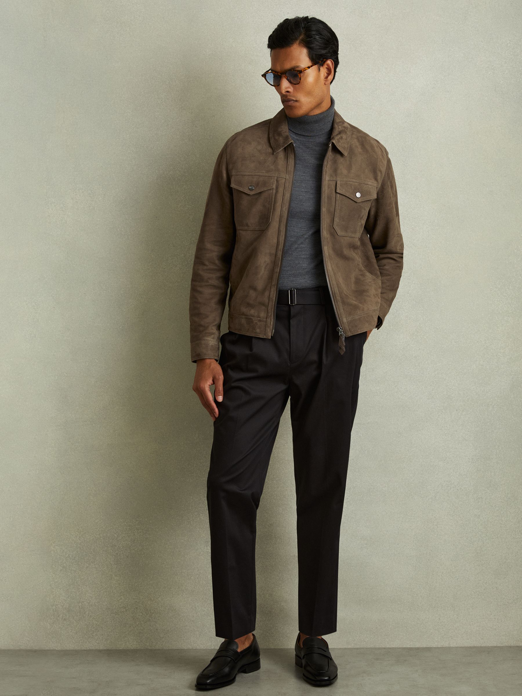 Reiss Suede Zip-Through Trucker Jacket in Light Charcoal Grey - REISS