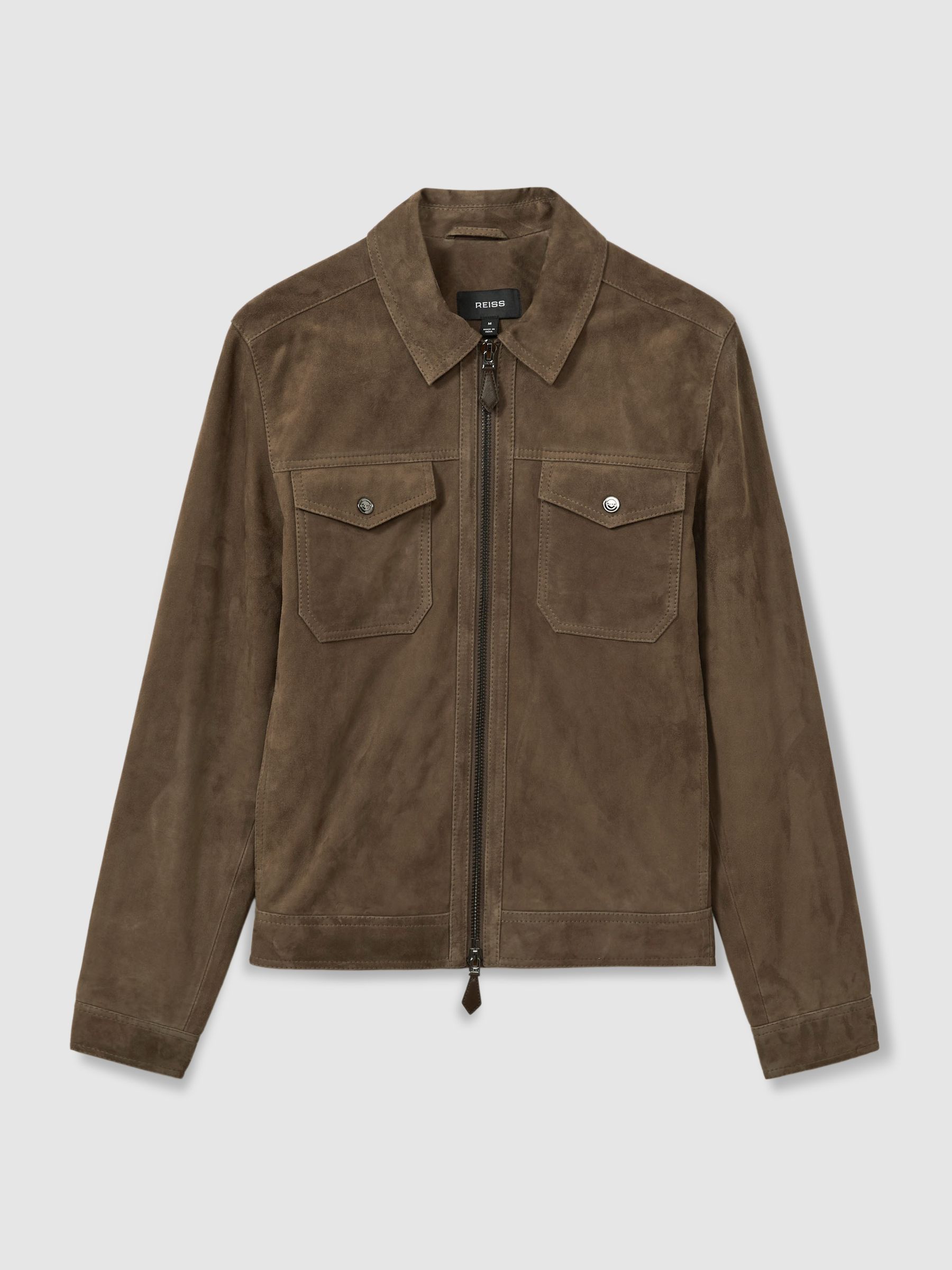Reiss Suede Zip-Through Trucker Jacket in Light Charcoal Grey | REISS