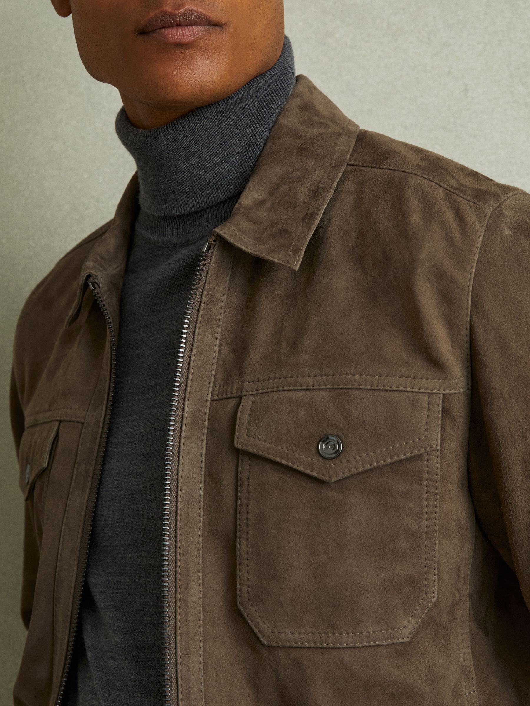 Reiss Suede Zip-Through Trucker Jacket in Light Charcoal Grey | REISS