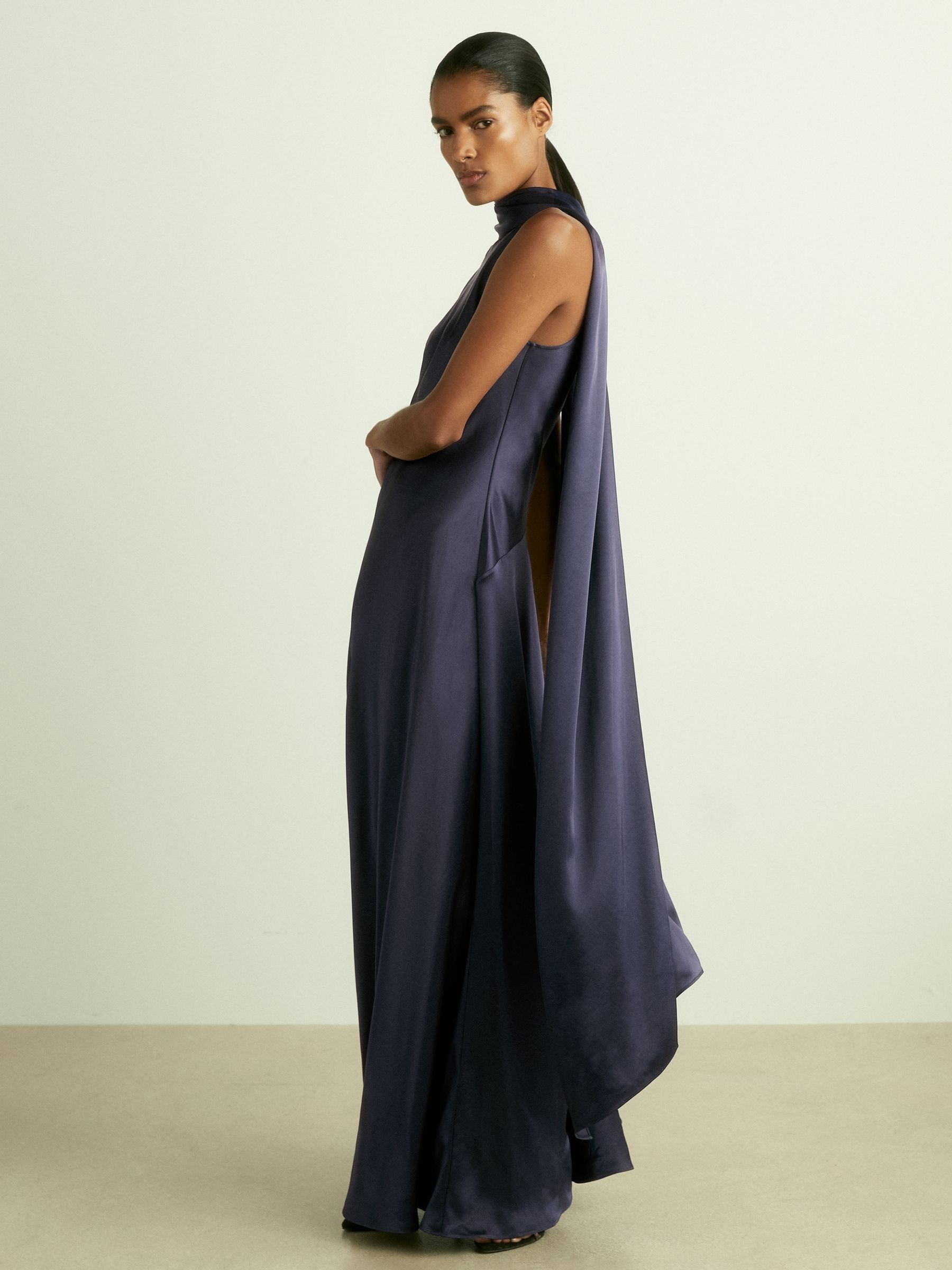 Reiss Satin Cape Dress in Indigo - REISS