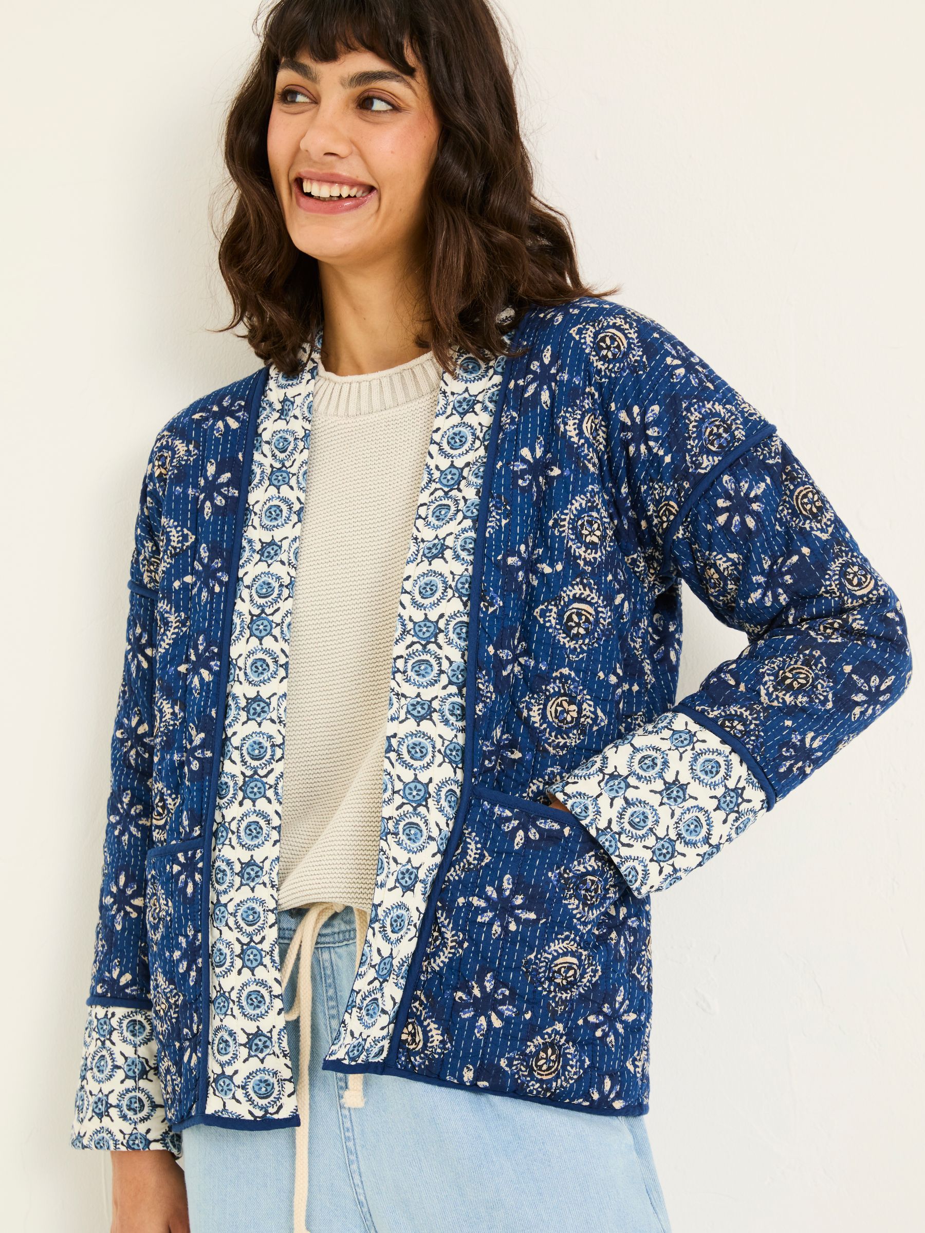 Kaia Indigo Blue 100% Cotton Tile Geo Quilted Jacket | FatFace