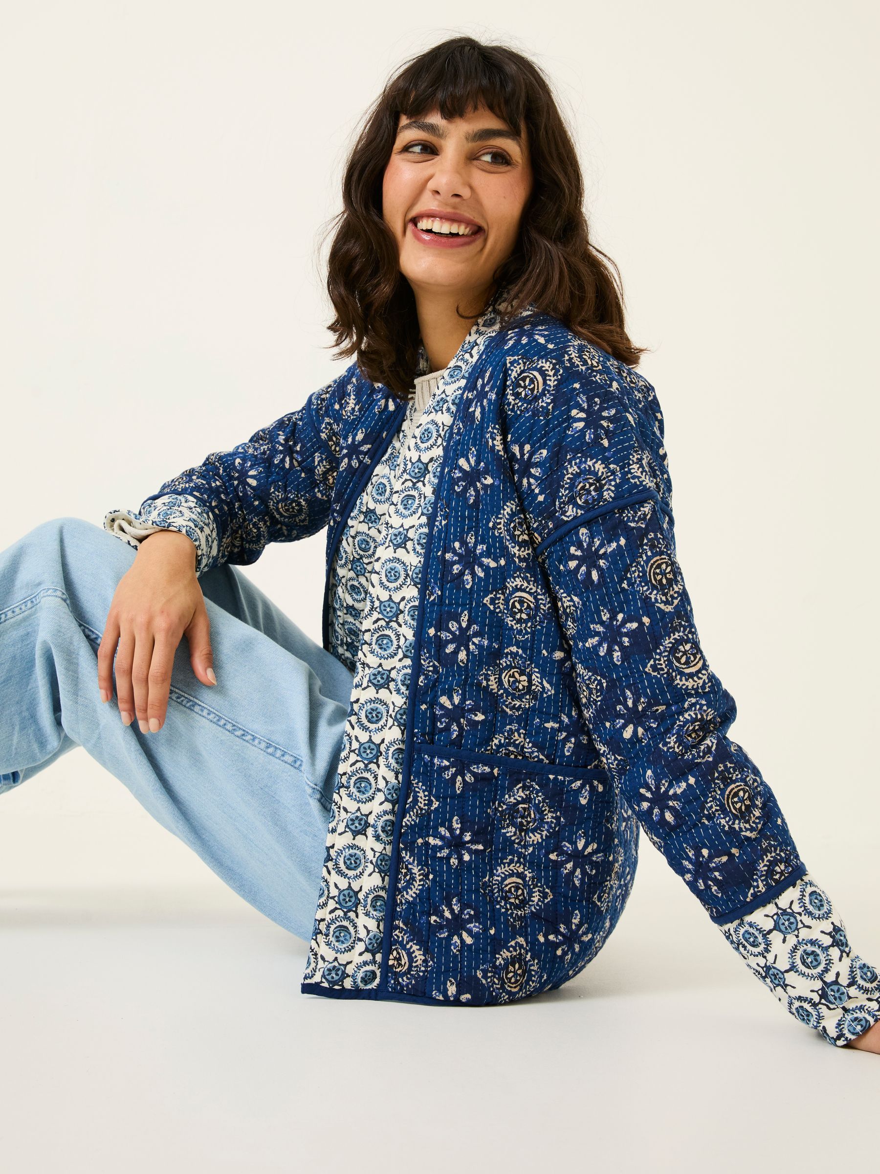 Kaia Indigo Blue 100% Cotton Tile Geo Quilted Jacket | FatFace