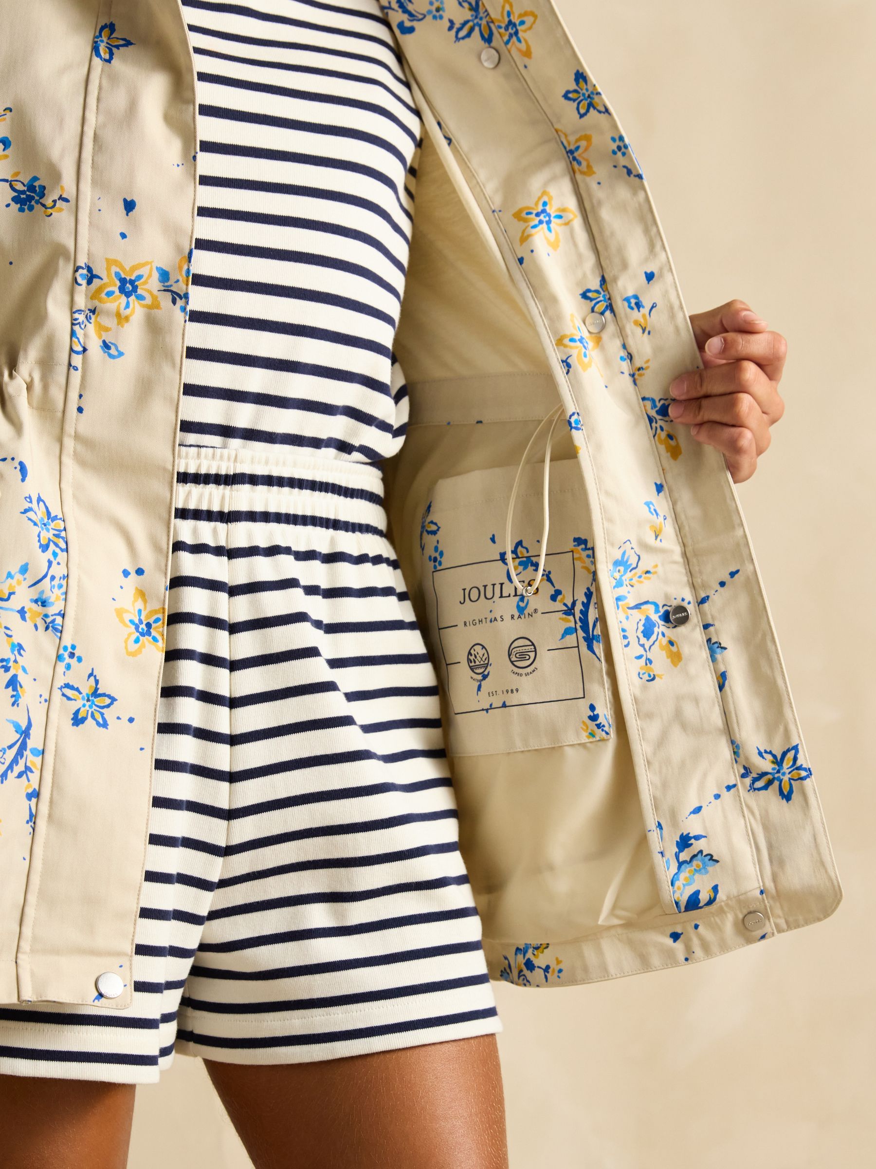 Portwell Beige & Blue Floral Waterproof Raincoat With Hood | Joules