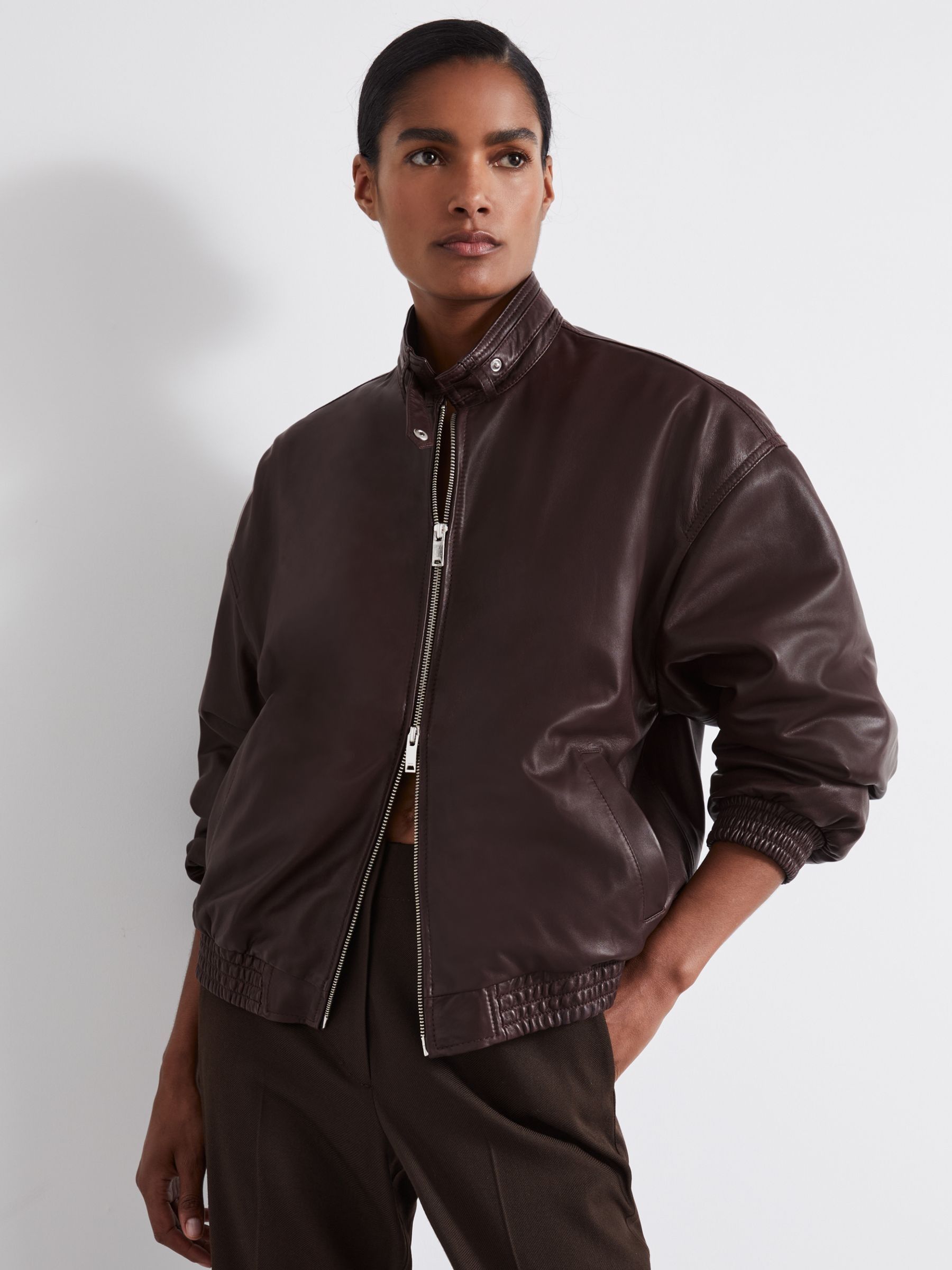 Reiss Atelier Leather Latched-Collar Bomber Jacket in Berry | REISS