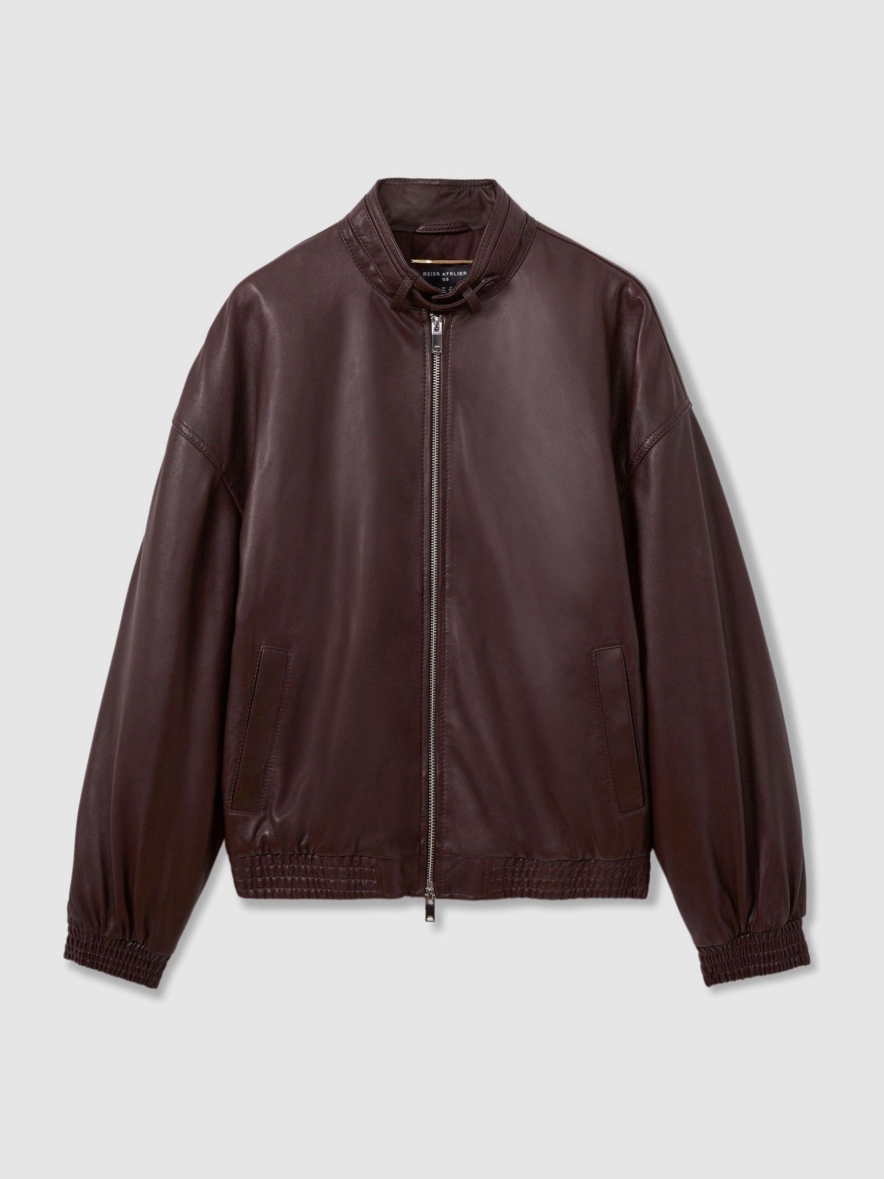 Reiss Atelier Leather Latched-Collar Bomber Jacket in Berry | REISS