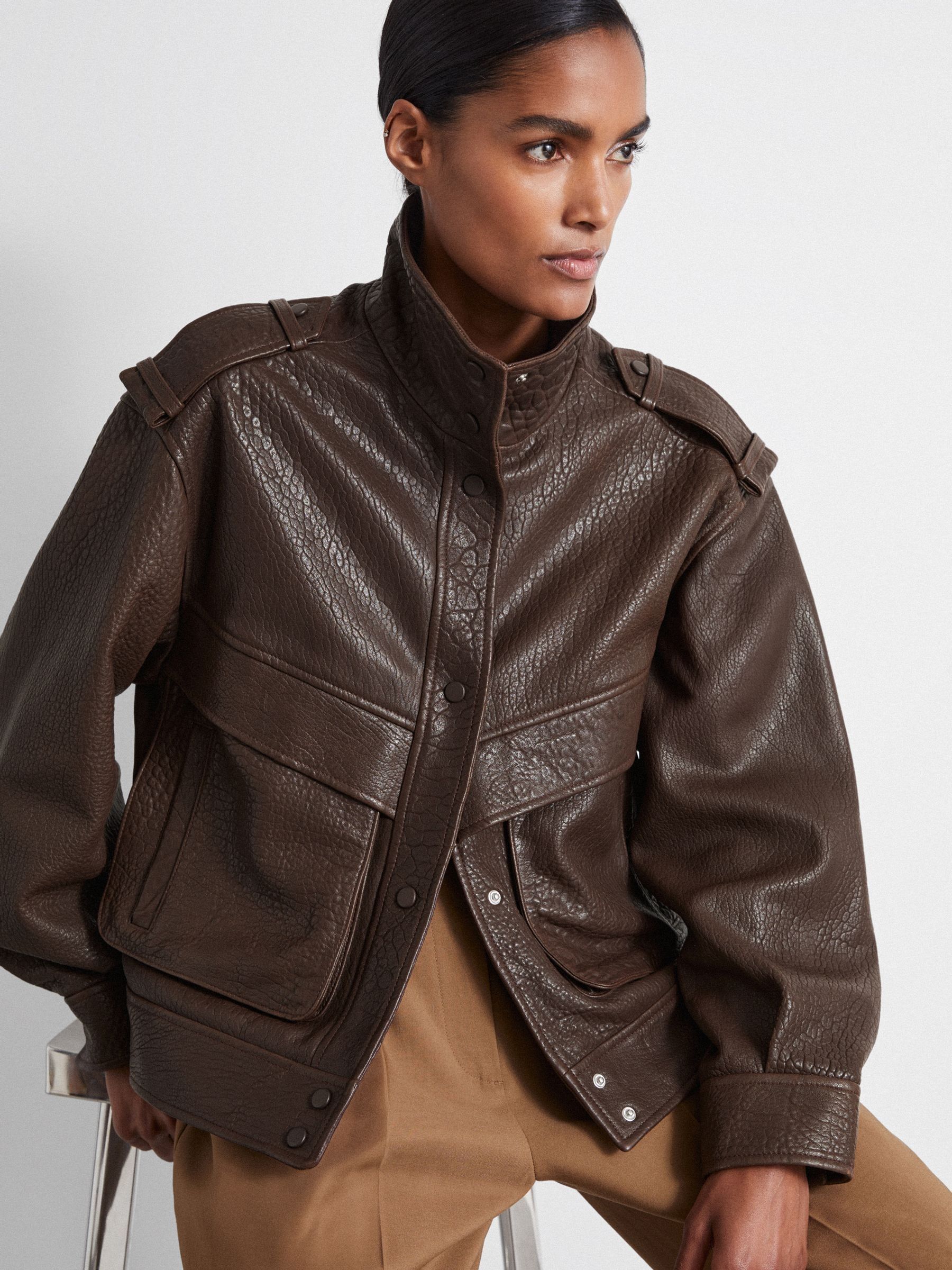 Reiss Atelier Grained Leather Jacket in Chocolate - REISS