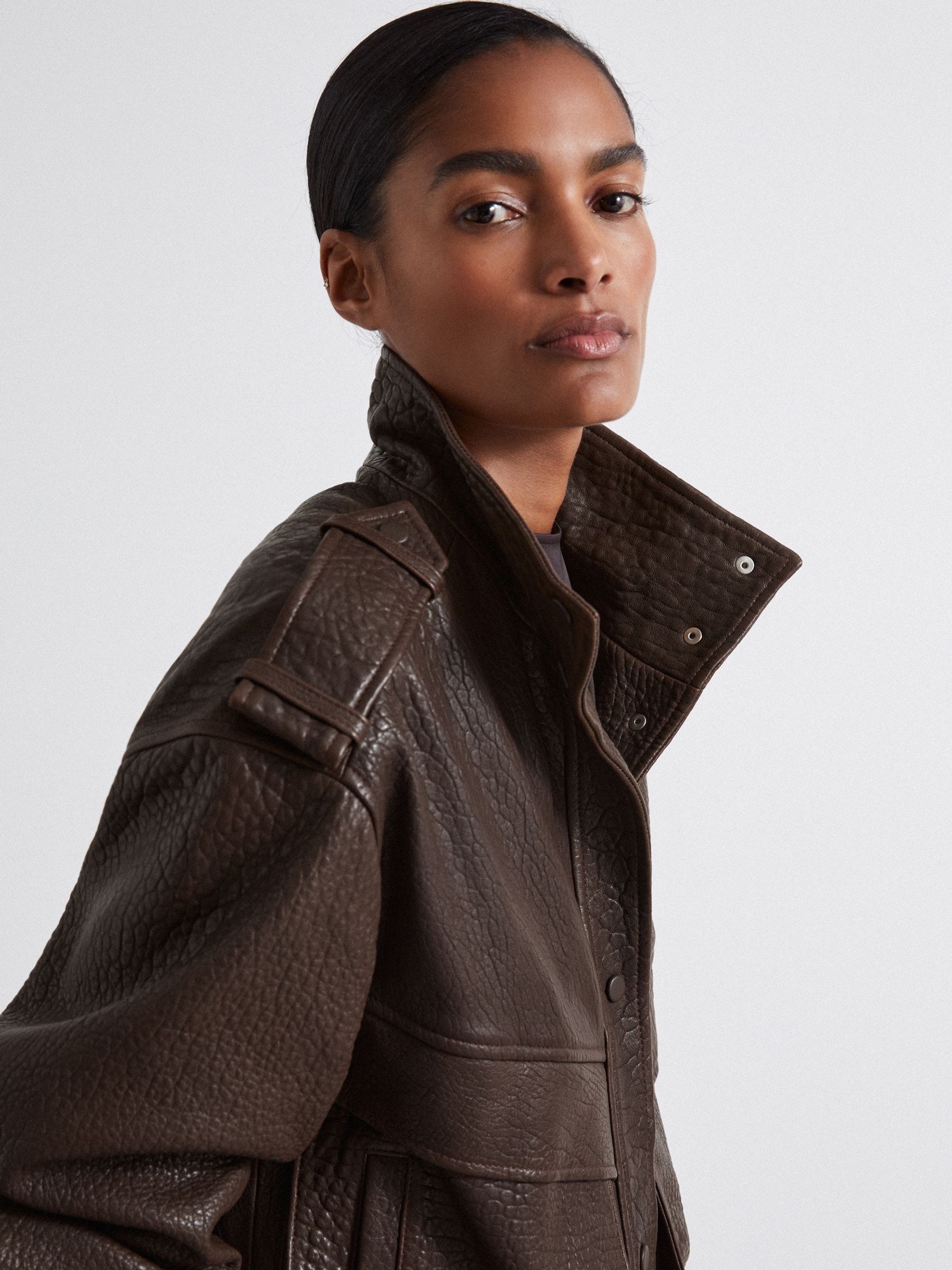 Reiss Atelier Grained Leather Jacket in Chocolate - REISS