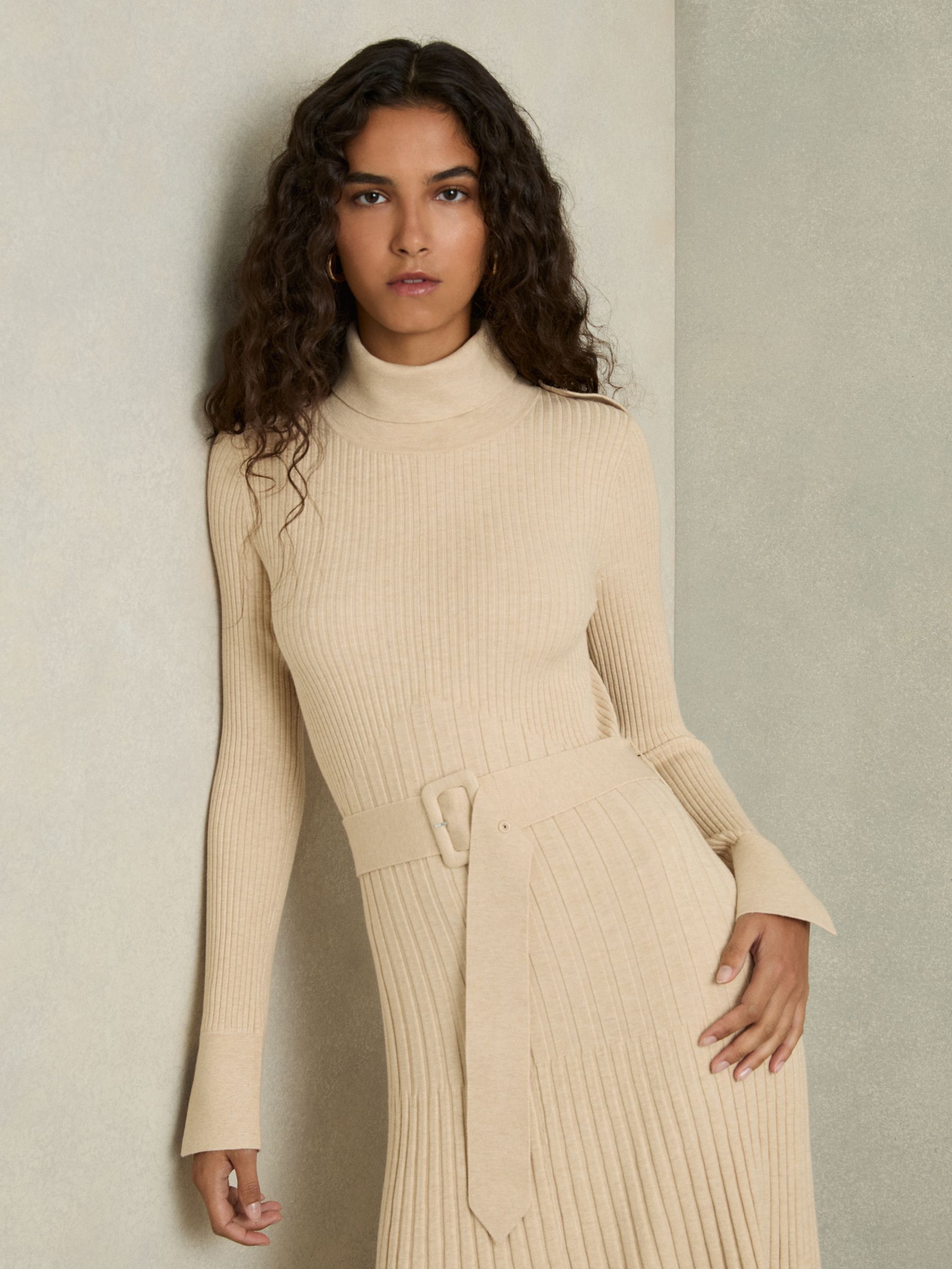 Reiss Ribbed Roll Neck Belted Midi Dress in Neutral - REISS