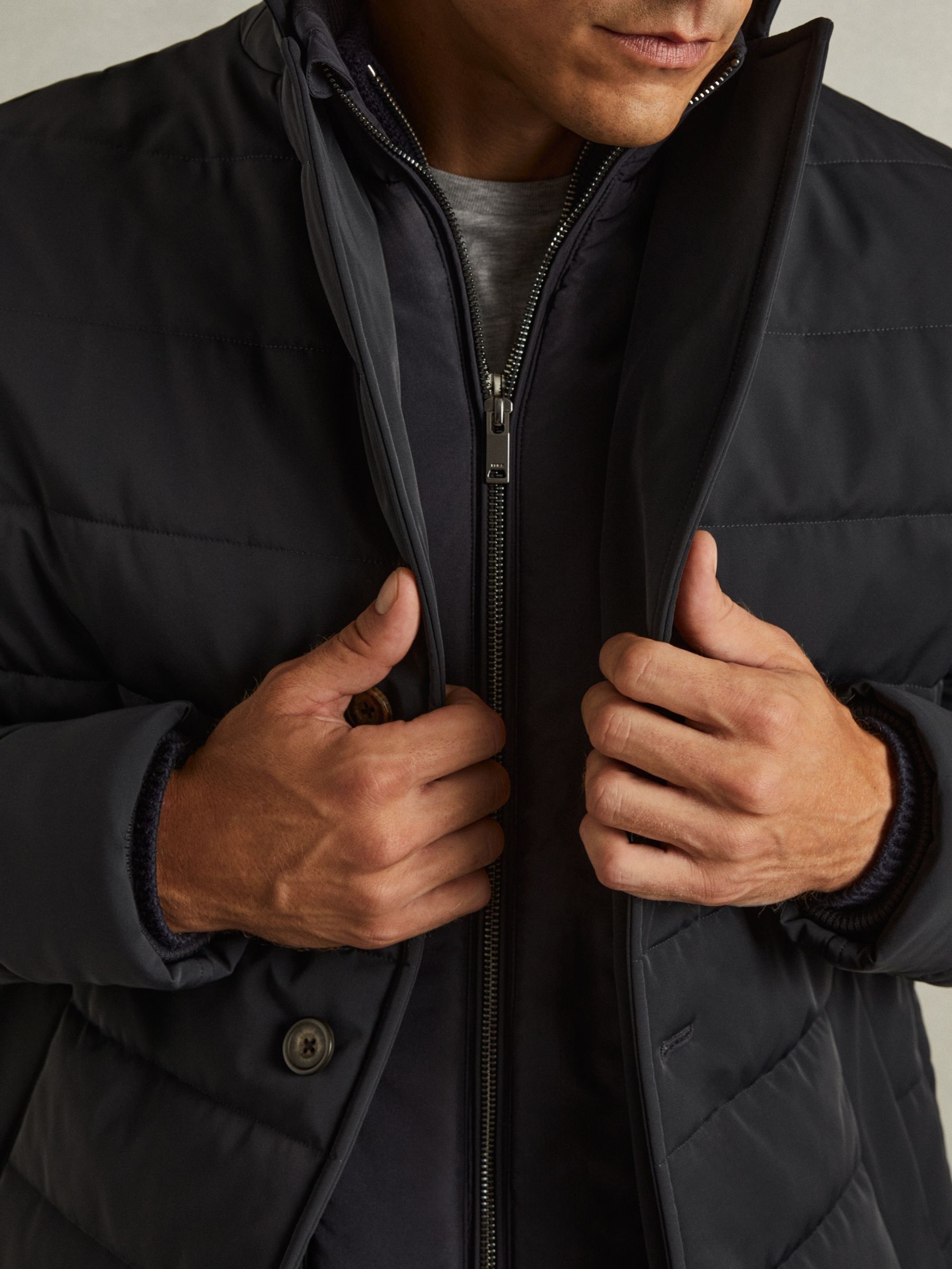 Reiss Longline Quilted-Shell Coat with Inner Gilet in Navy - REISS