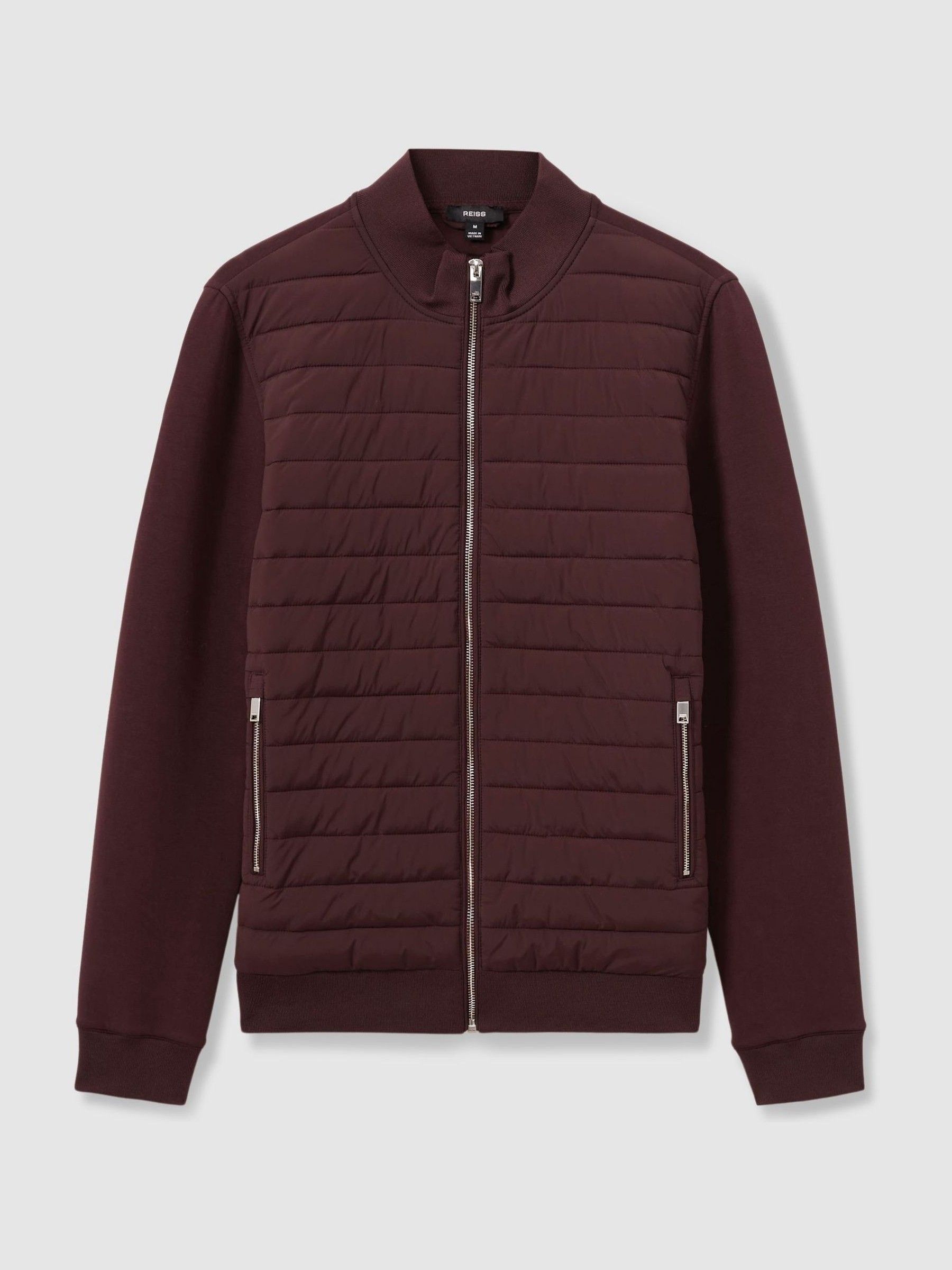 Reiss Hybrid Quilt and Knit Zip-Through Jacket in Bordeaux - REISS