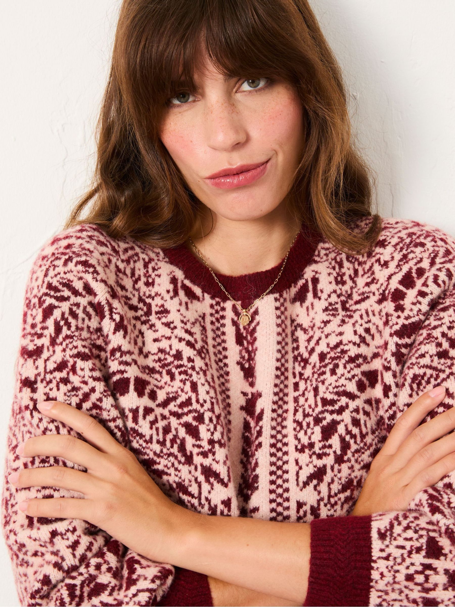 Burgundy Red Floral Bouquet Knitted Crew Neck Jumper | FatFace