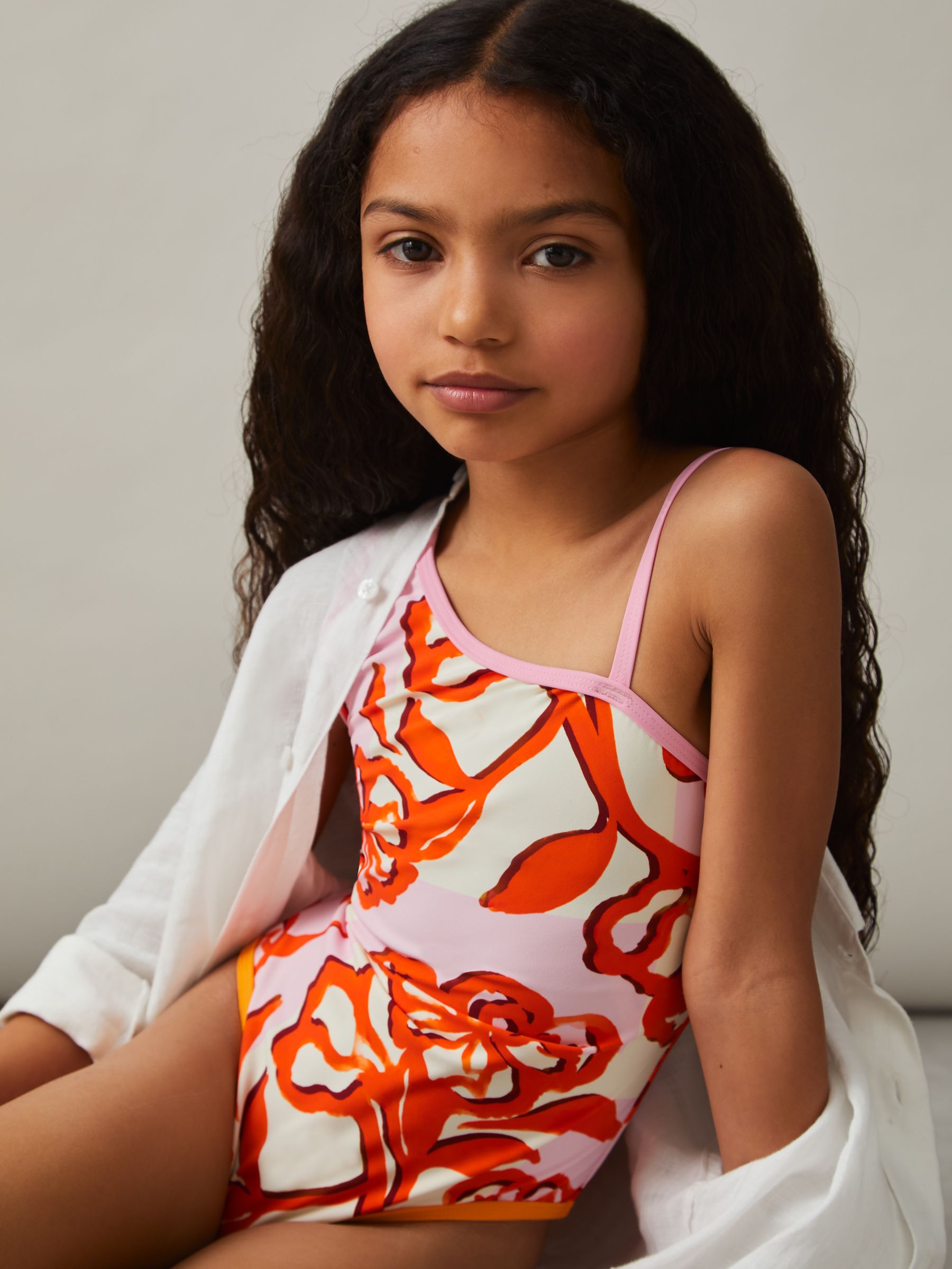 Reiss 9-13 yrs Floral Print One Shoulder Swimsuit in Pink Print - REISS
