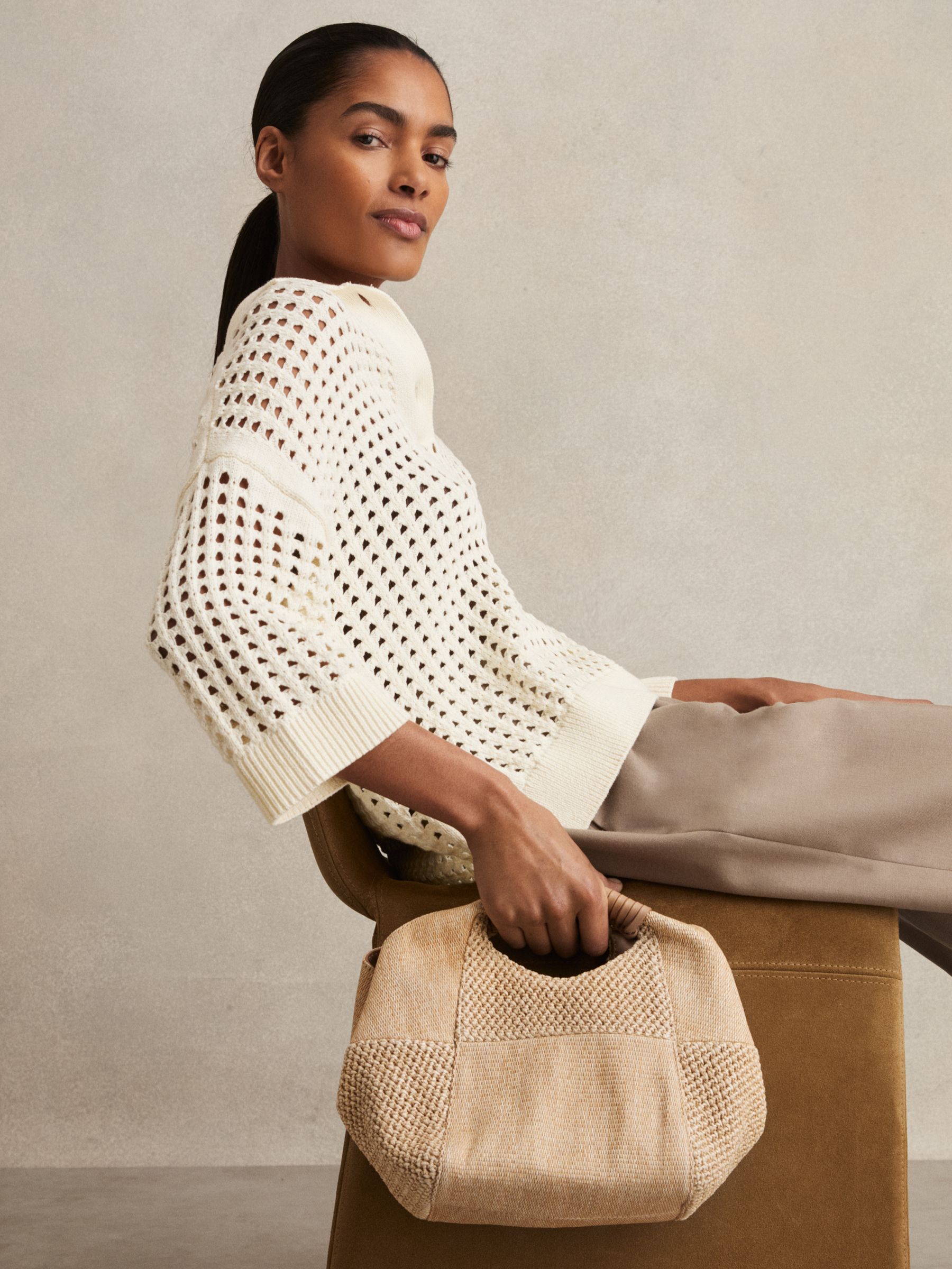 Reiss Raffia Patchwork Clutch Bag in Natural | REISS