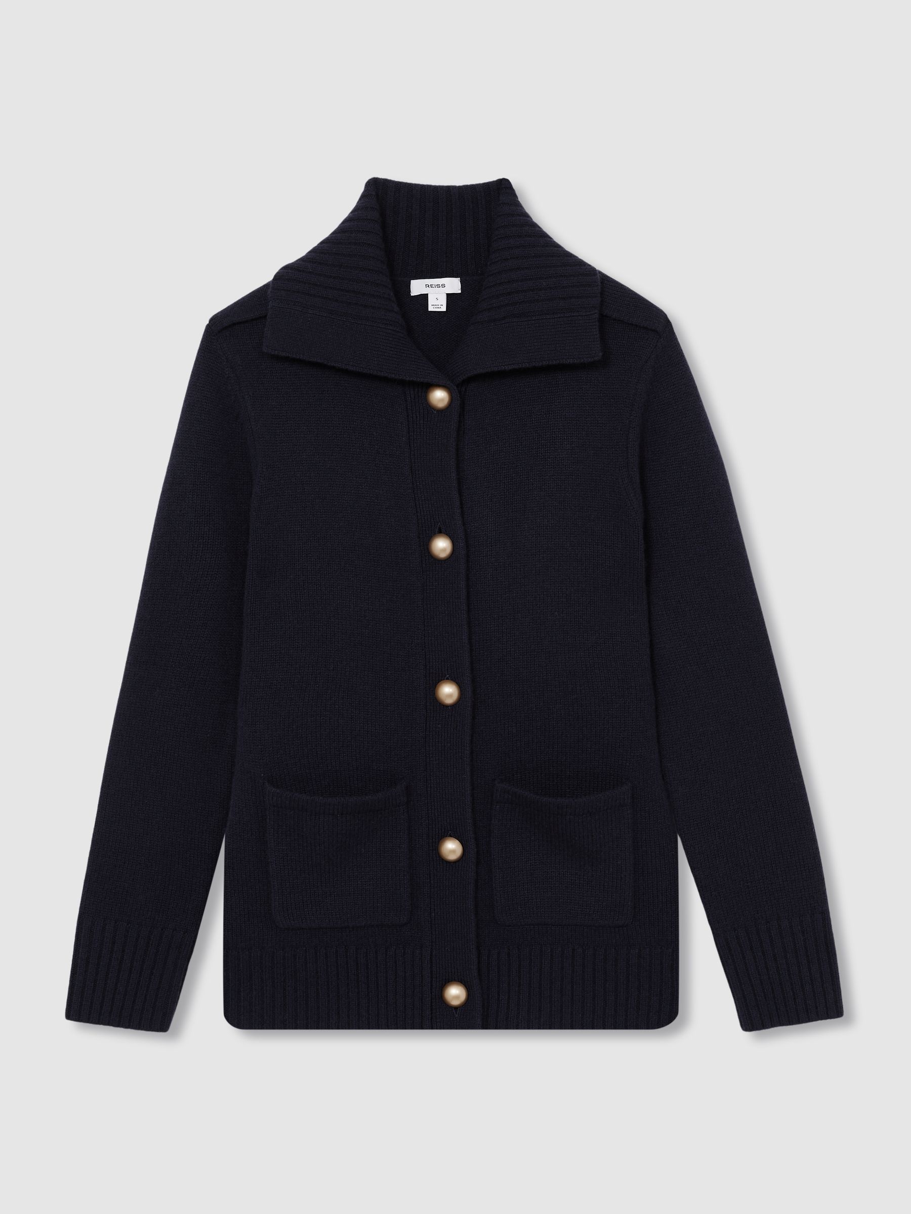 Reiss Wool-Cashmere Spread Collar Cardigan in Navy - REISS