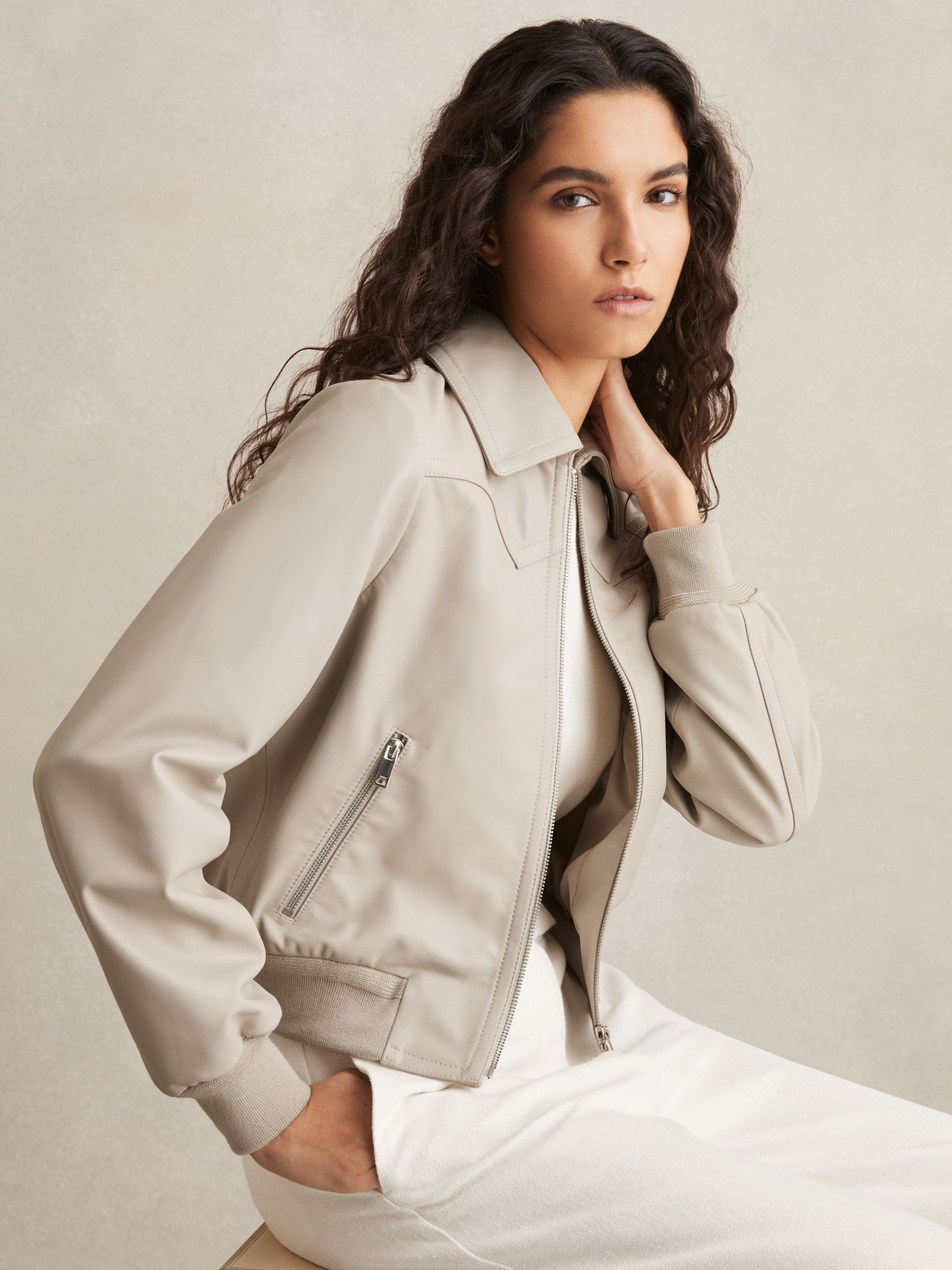 Reiss Leather Bomber Jacket in Grey | REISS