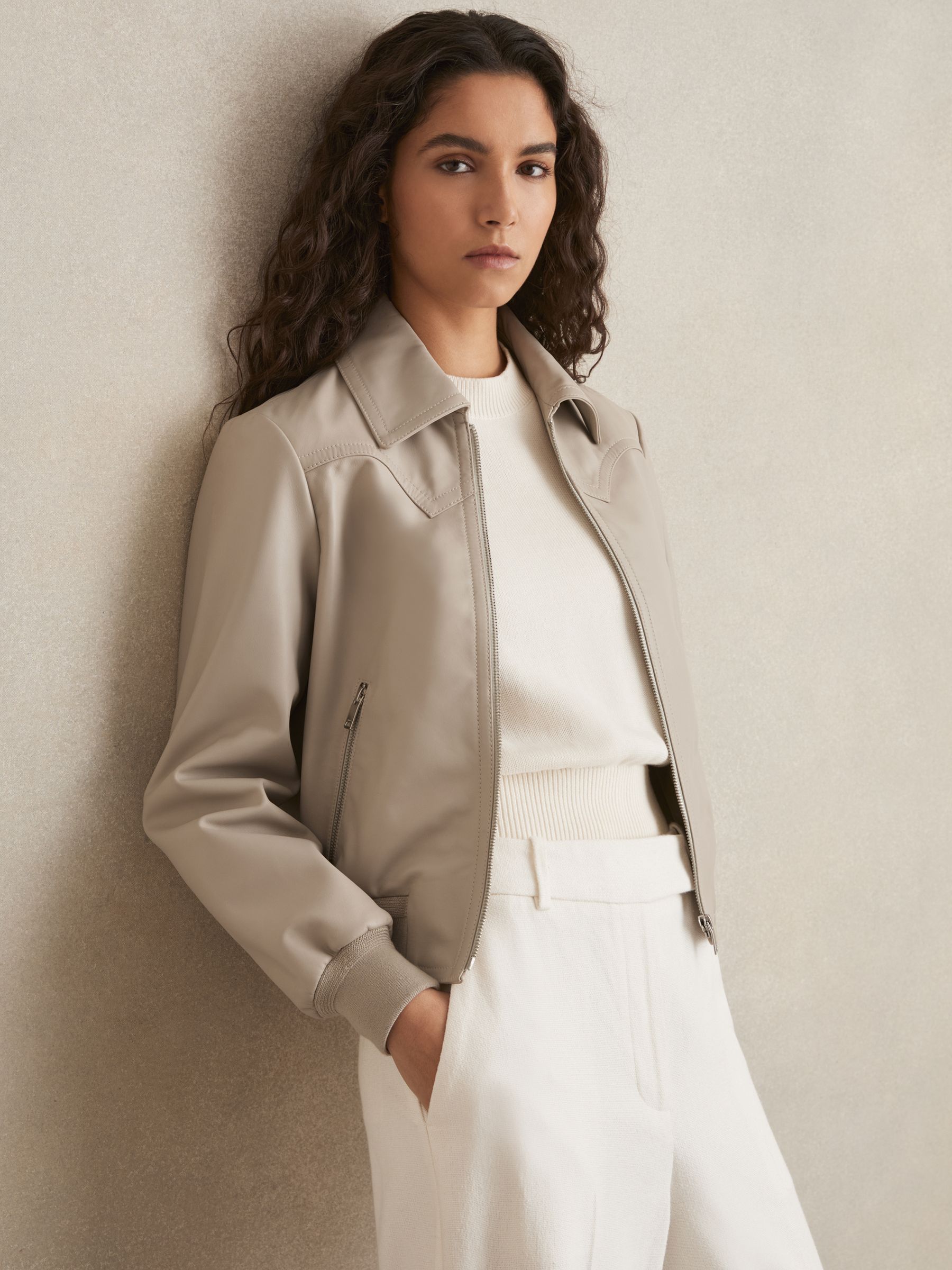 Reiss Leather Bomber Jacket in Grey - REISS