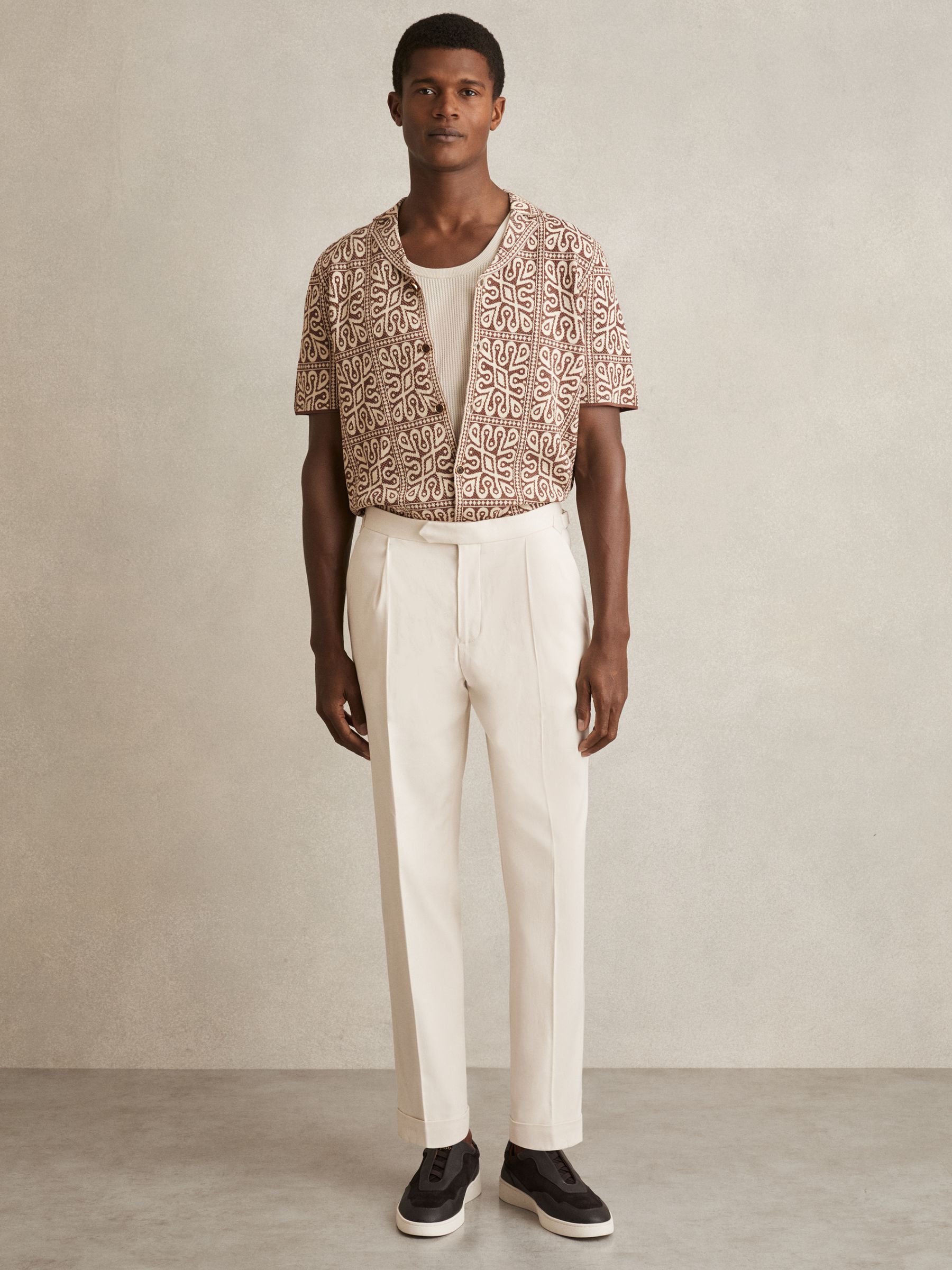 Reiss Tile Pattern Knit Shirt in Brown/White - REISS
