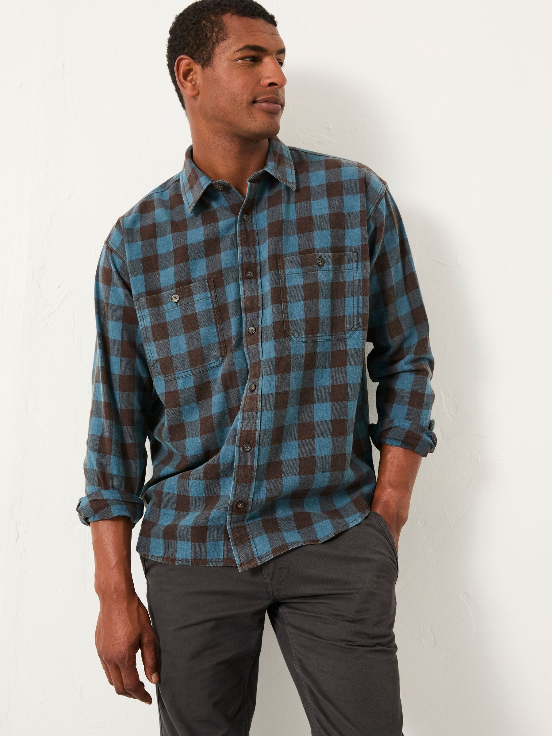 Thursby Mid Blue Long Sleeve Relaxed Fit Gingham Shirt | FatFace