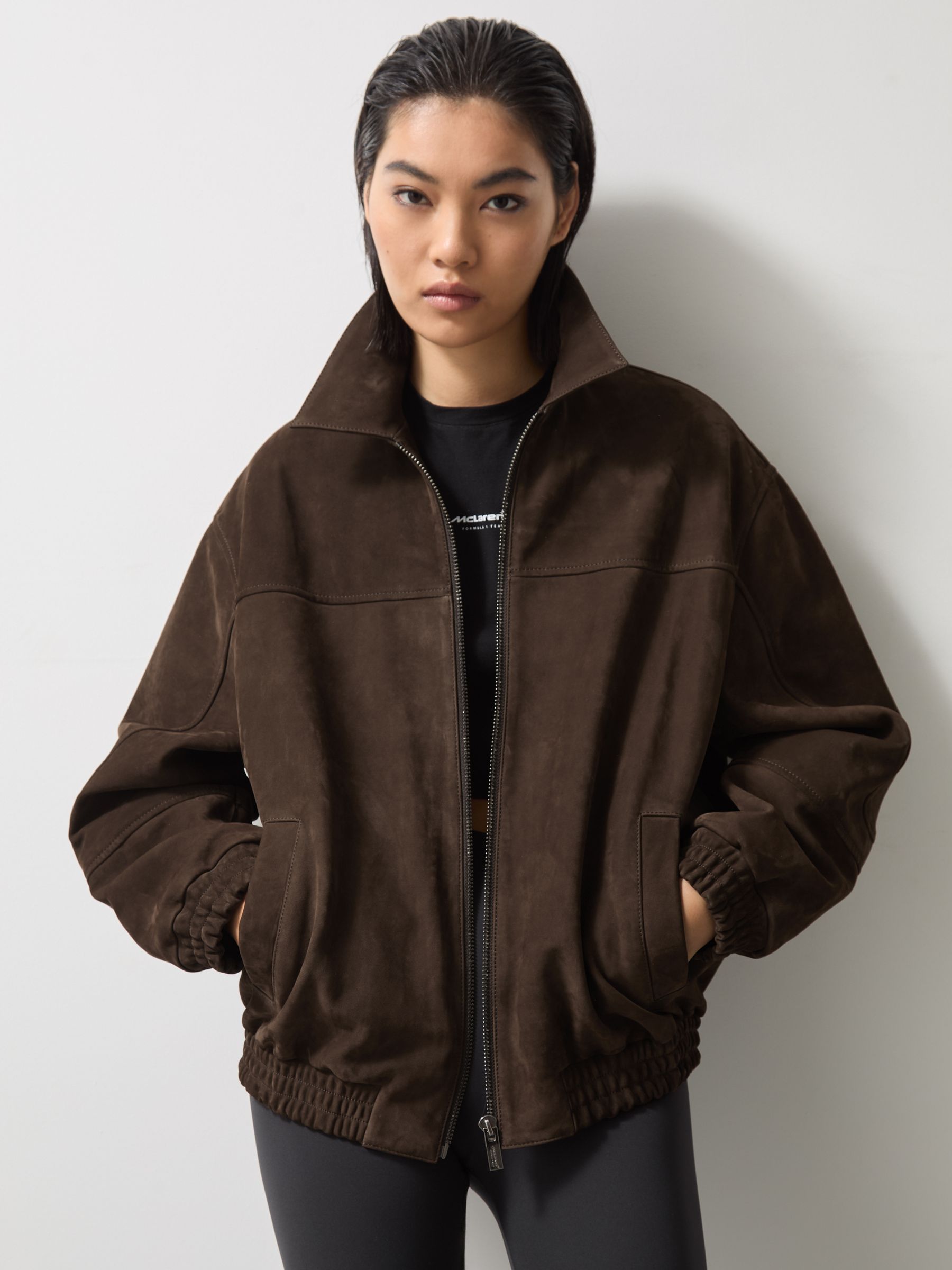 Reiss McLaren F1 Team Suede Bomber Jacket in Chocolate Brown | REISS