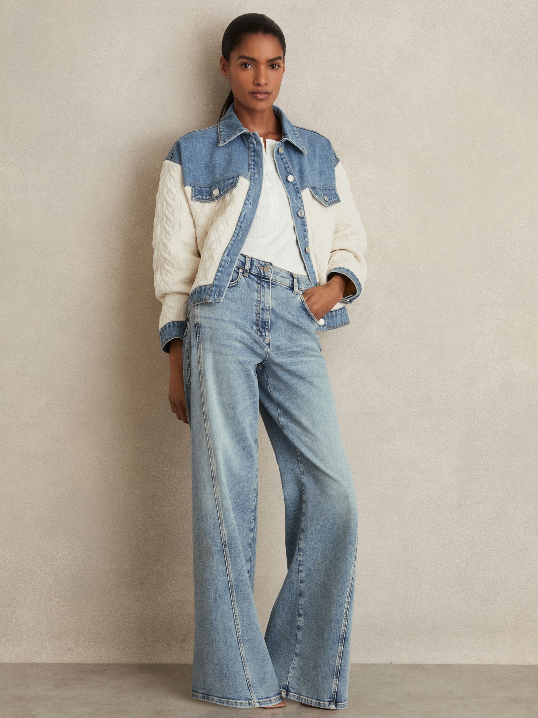 Reiss Quilted Colour Block Denim Jacket in Denim Blue - REISS