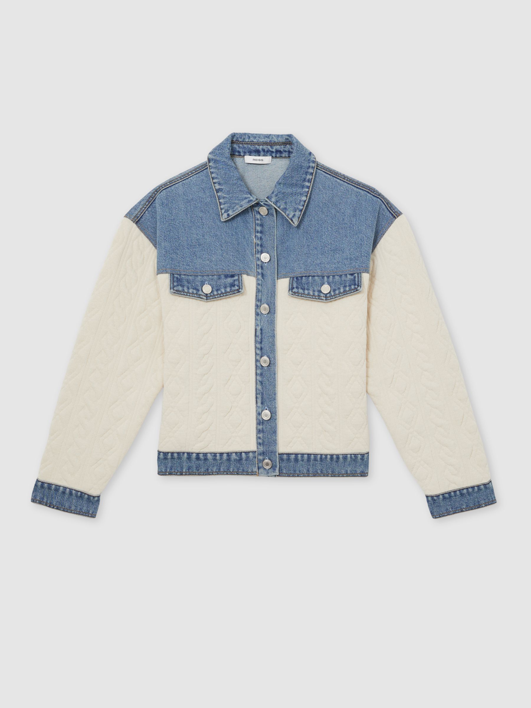 Reiss Quilted Colour Block Denim Jacket in Denim Blue - REISS