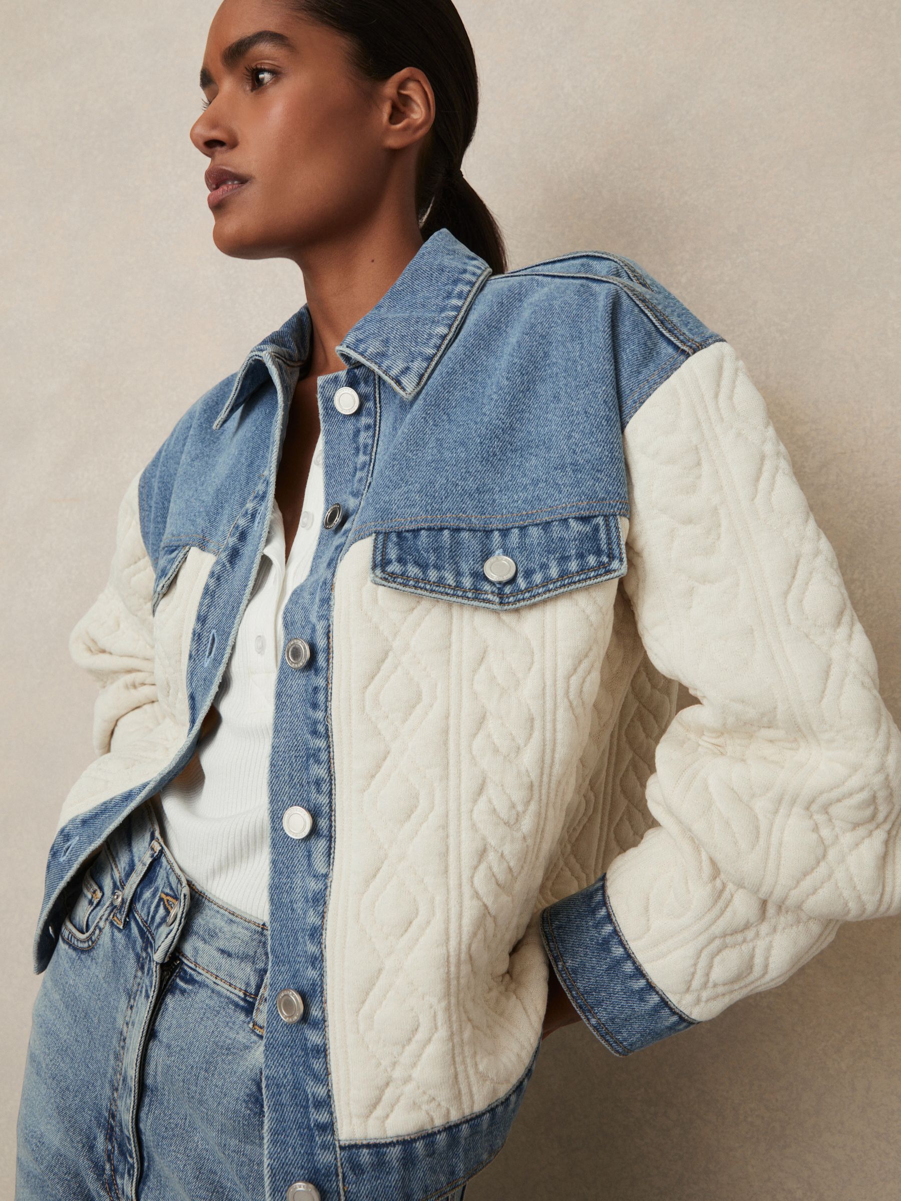Reiss Quilted Colour Block Denim Jacket in Denim Blue - REISS
