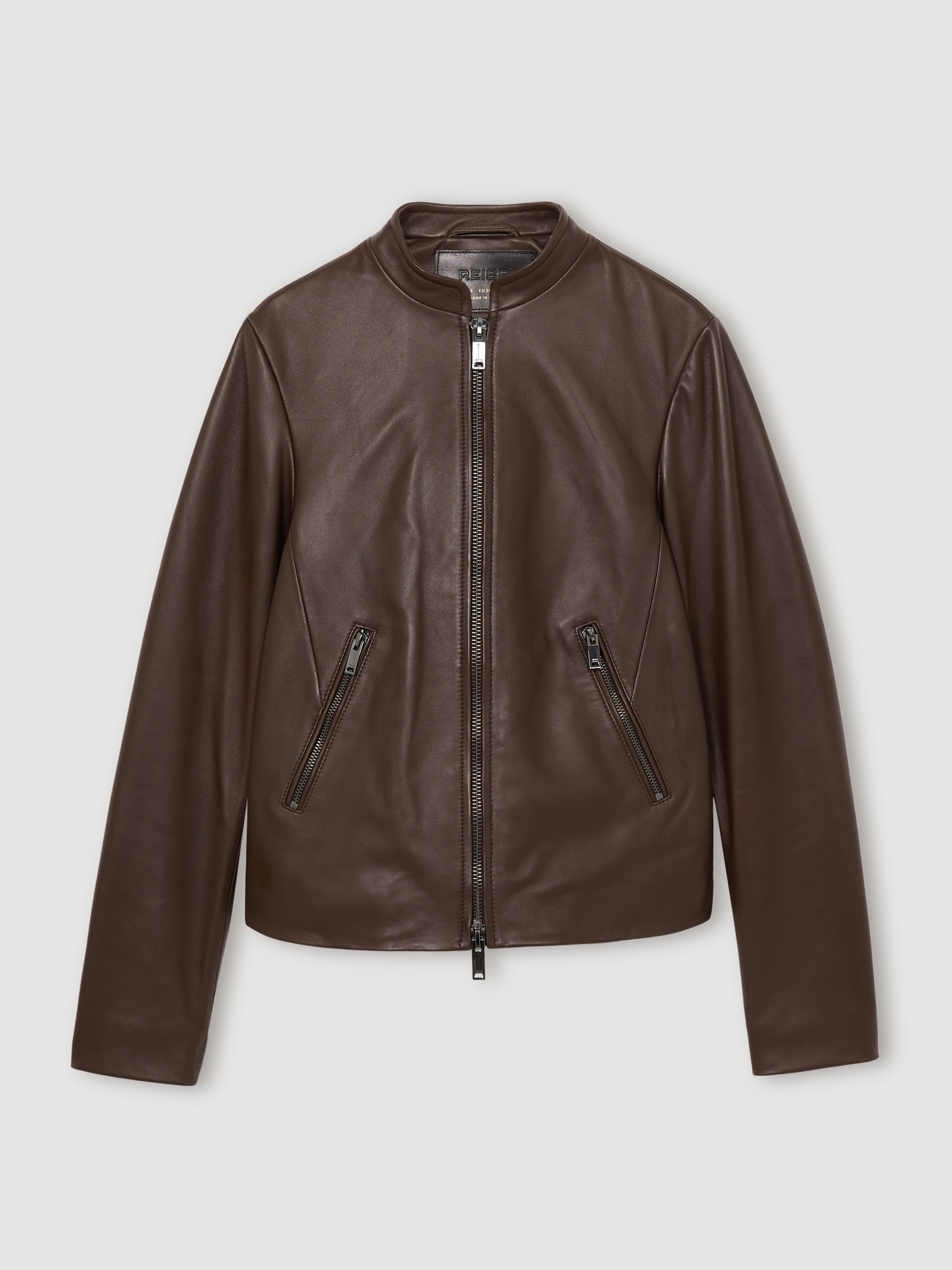 Reiss Leather Collarless Biker Jacket in Chocolate Brown - REISS