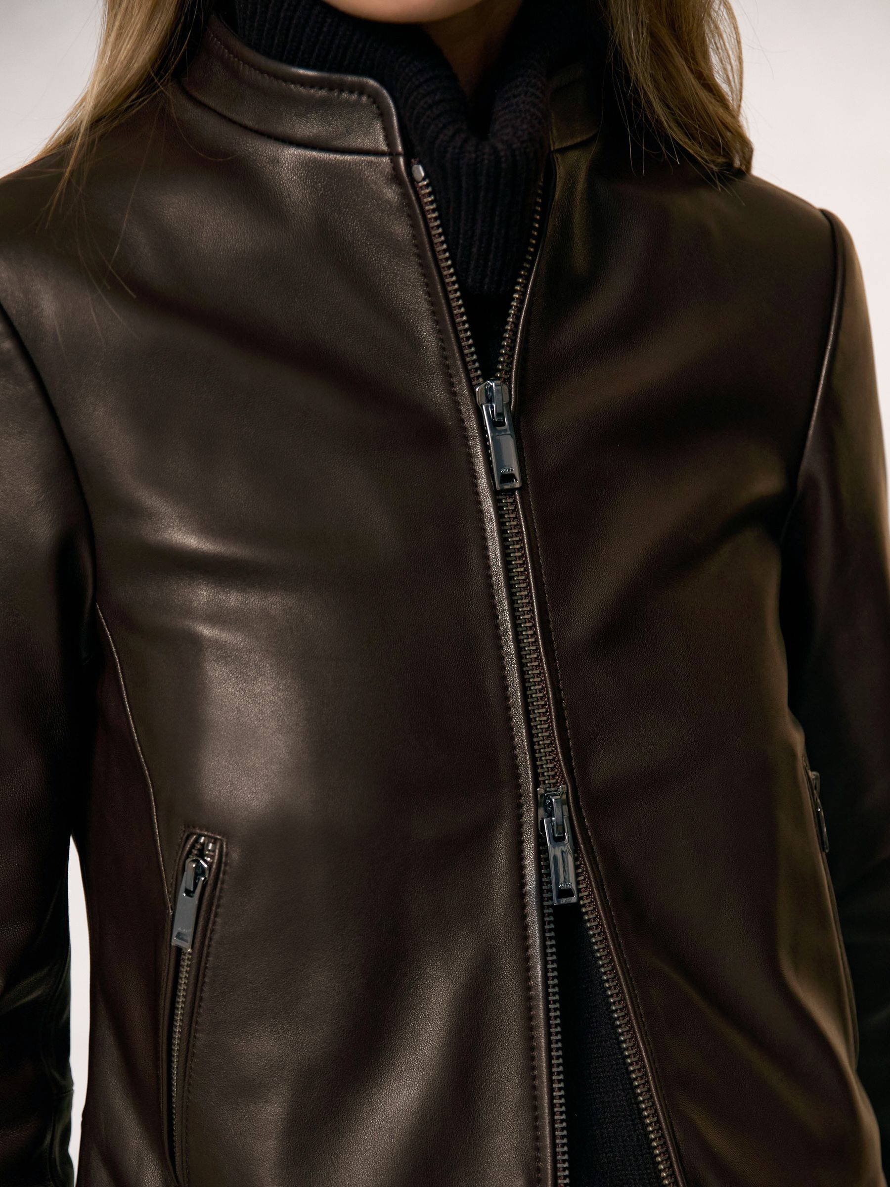Reiss Leather Collarless Biker Jacket in Chocolate Brown - REISS