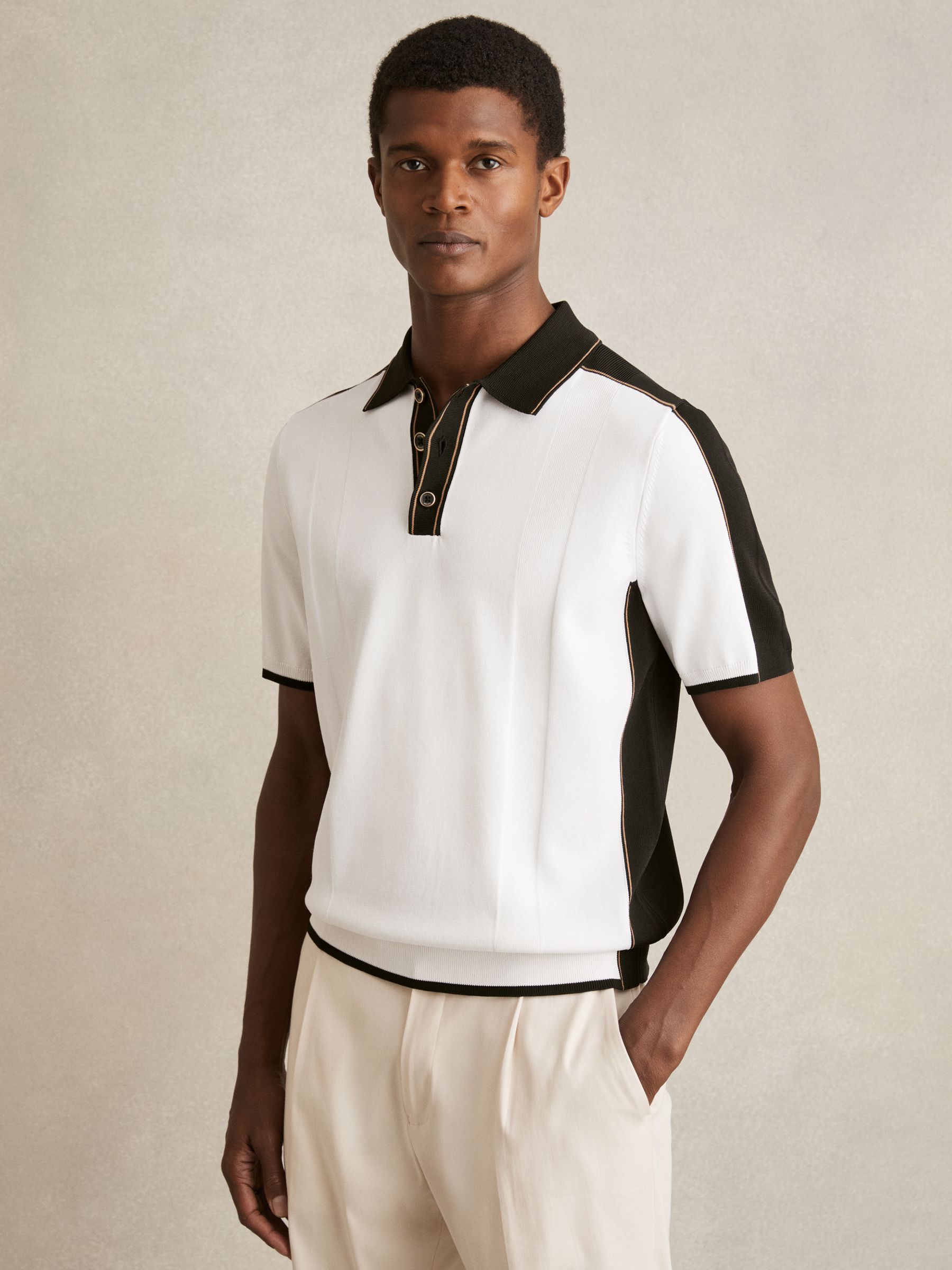 Reiss Colour-Block Knit Polo Shirt in Optic White/Green - REISS