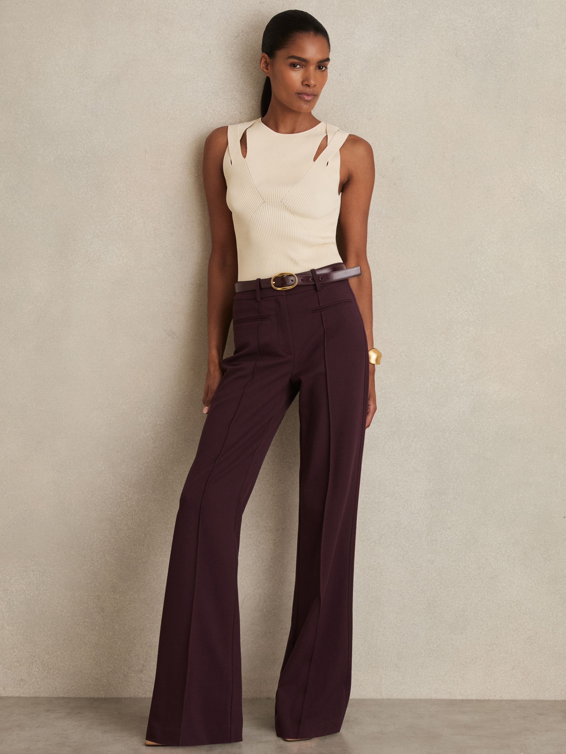 Reiss High Rise Flared Trousers in Burgundy | REISS