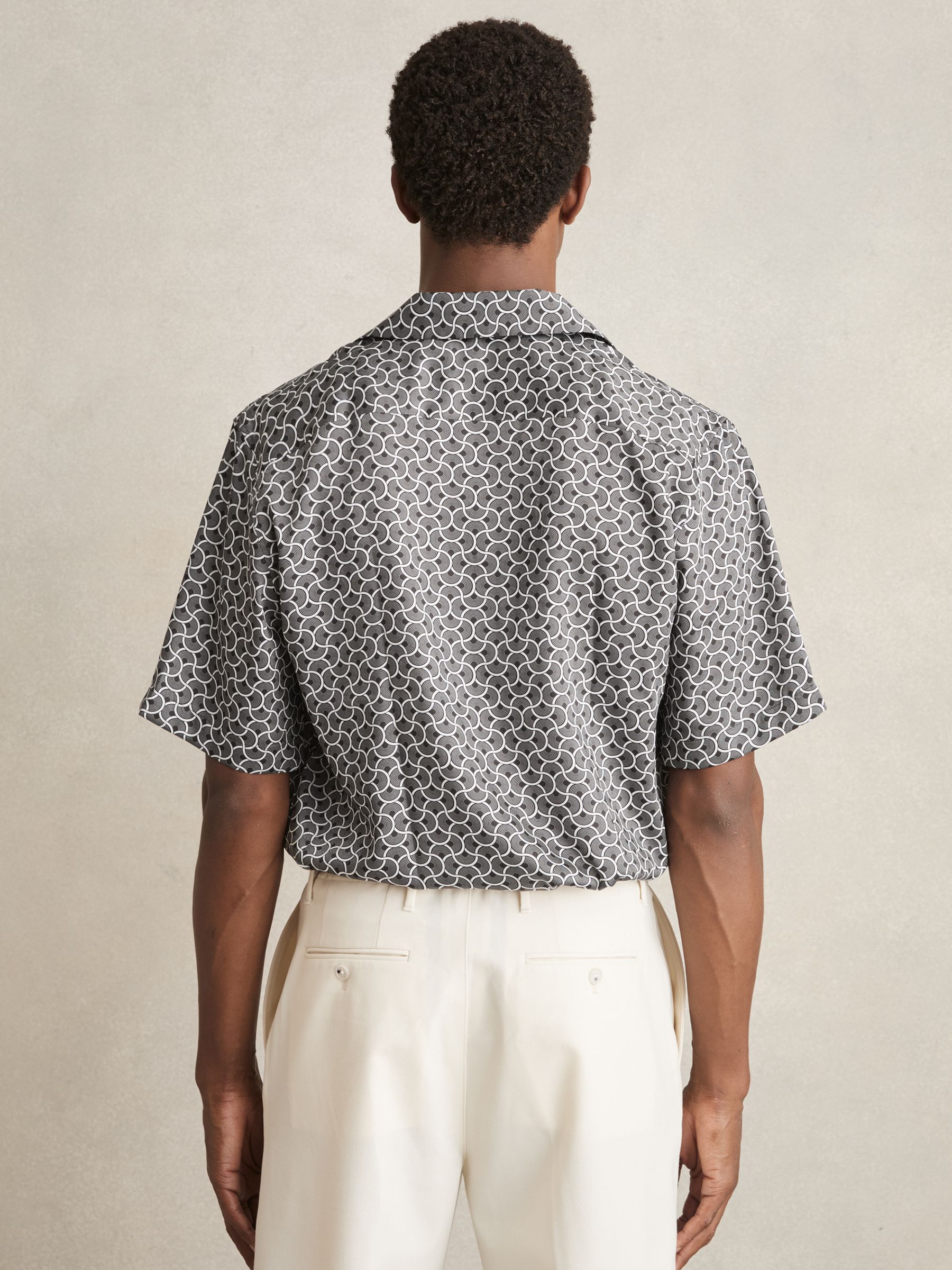 Reiss Geometric Wave Print Cuban Shirt in Black/White | REISS