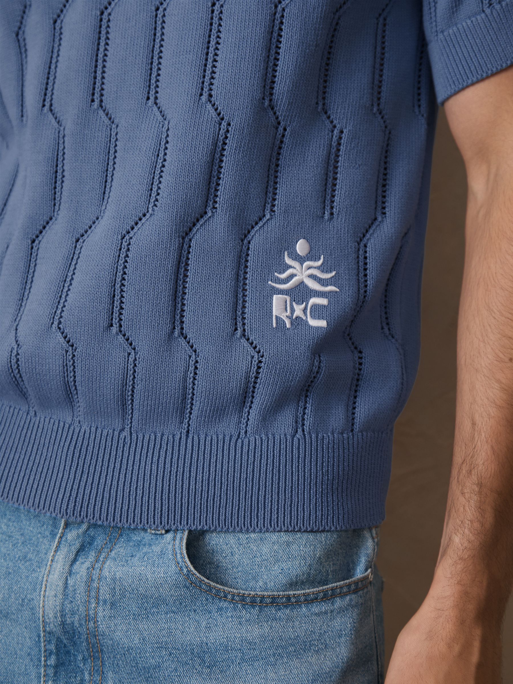Reiss Reiss | Ché Cotton Pointelle Polo Shirt in Blue - REISS