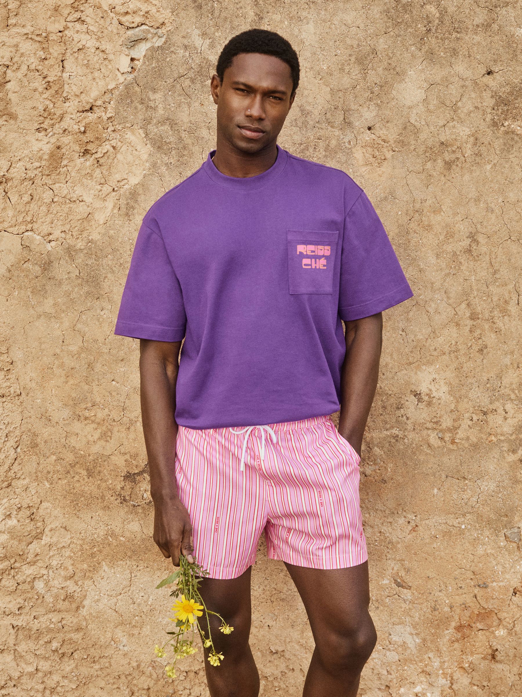Reiss Reiss | Ché Stripe Swim Shorts in Pink/White | REISS