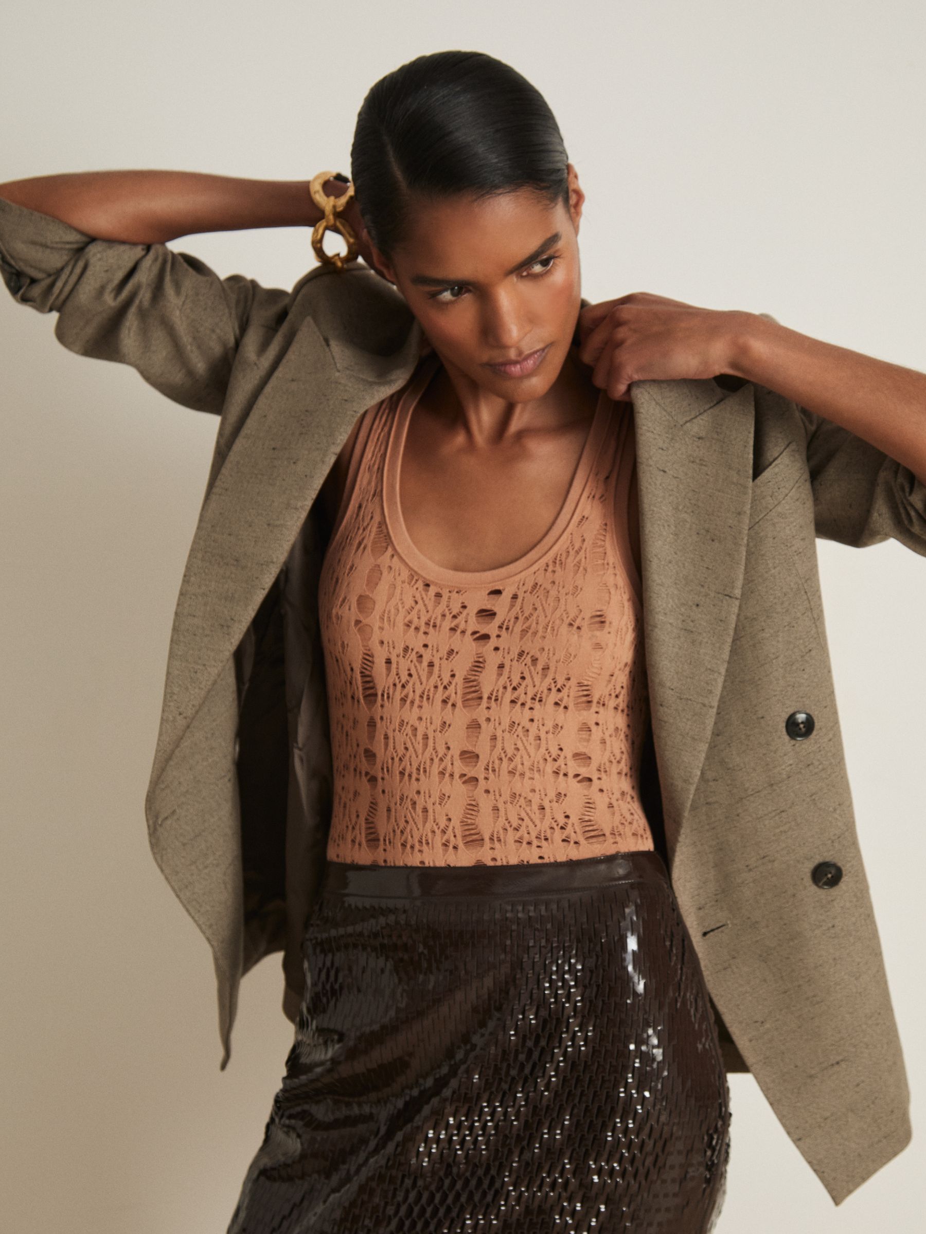 Reiss Atelier Ladder Knit High Neck Bodysuit in Tan | REISS