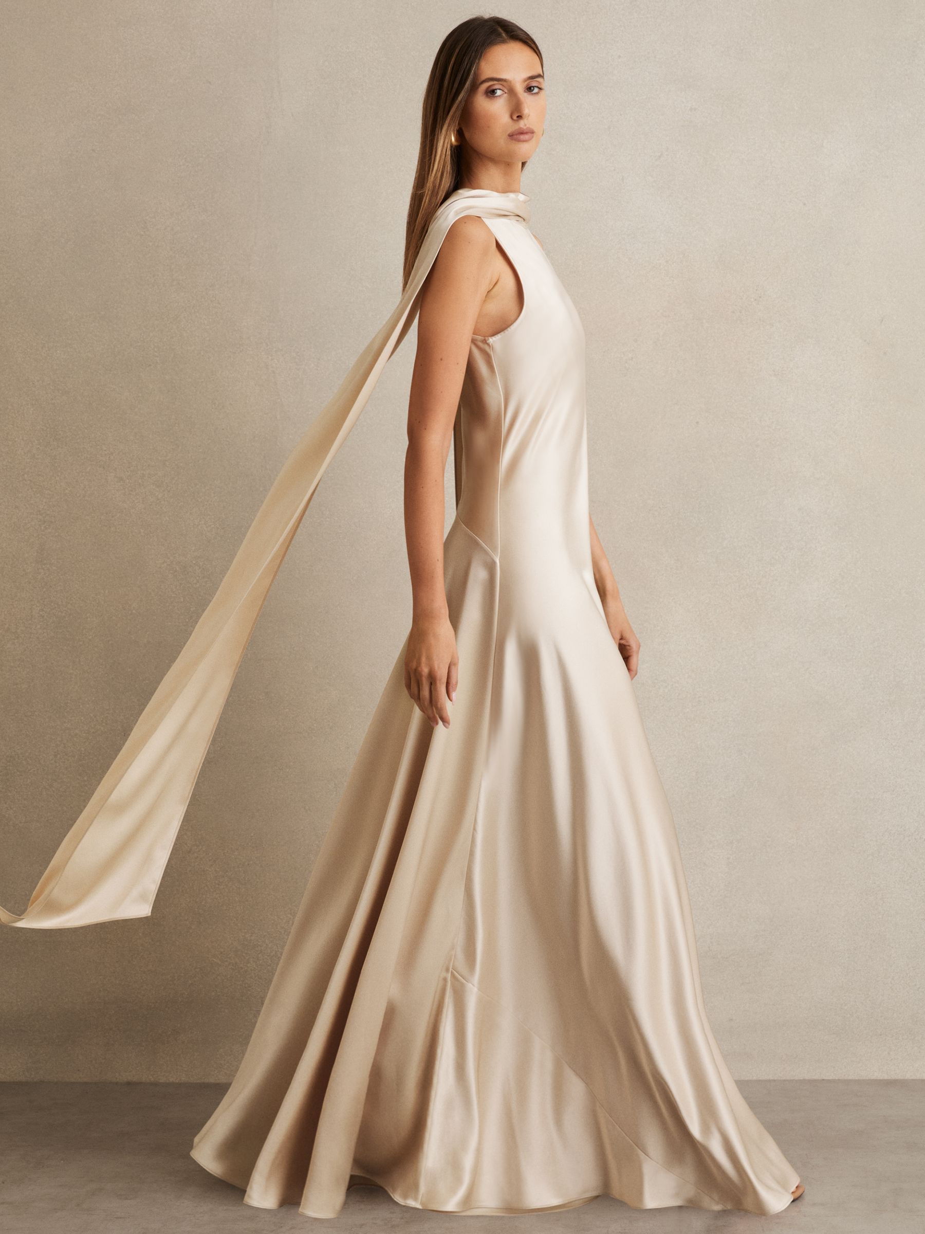 Reiss Satin Cape Maxi Dress in Champagne - REISS