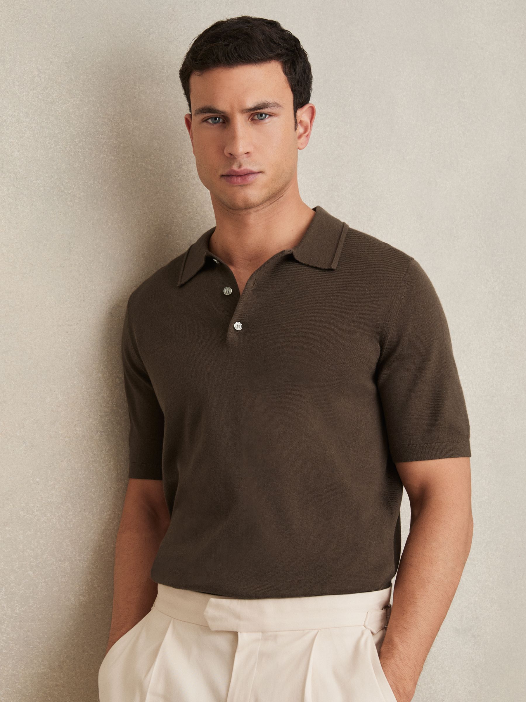 Reiss Merino Wool Short-Sleeve Polo Shirt in Chocolate Brown - REISS