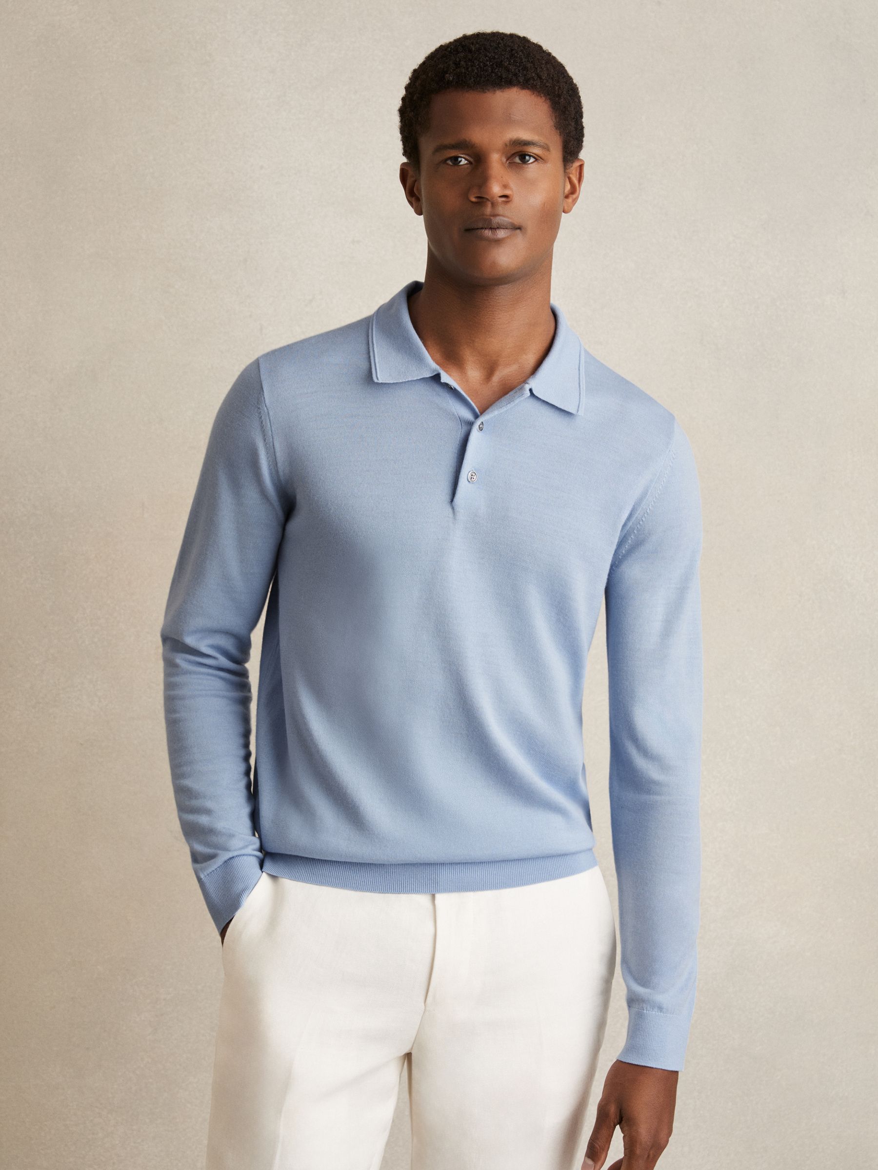 Reiss Merino Wool Long-Sleeve Polo Shirt in Soft Blue - REISS