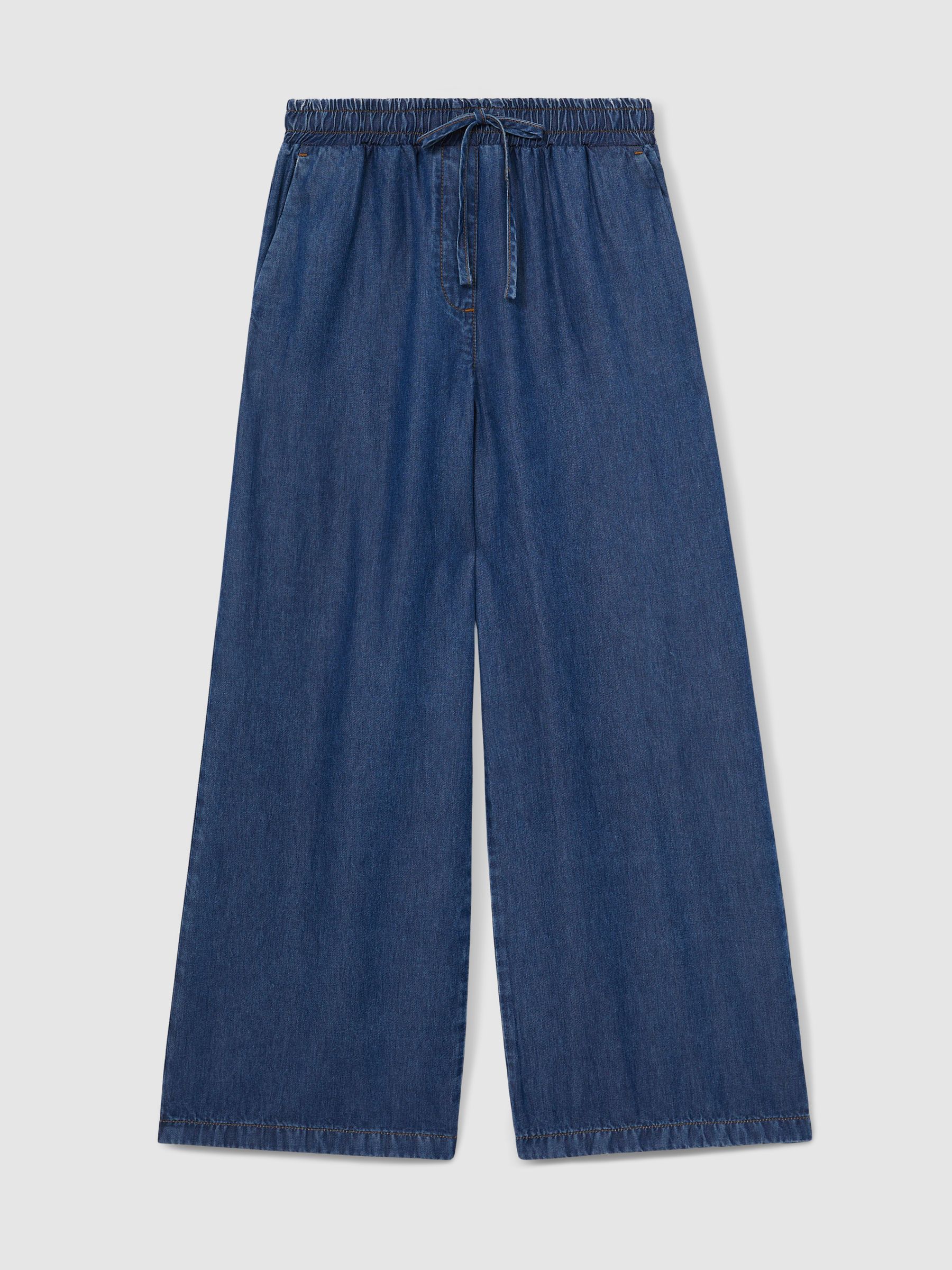 Reiss Wide-Leg Chambray Drawstring Trousers in Mid Blue - REISS