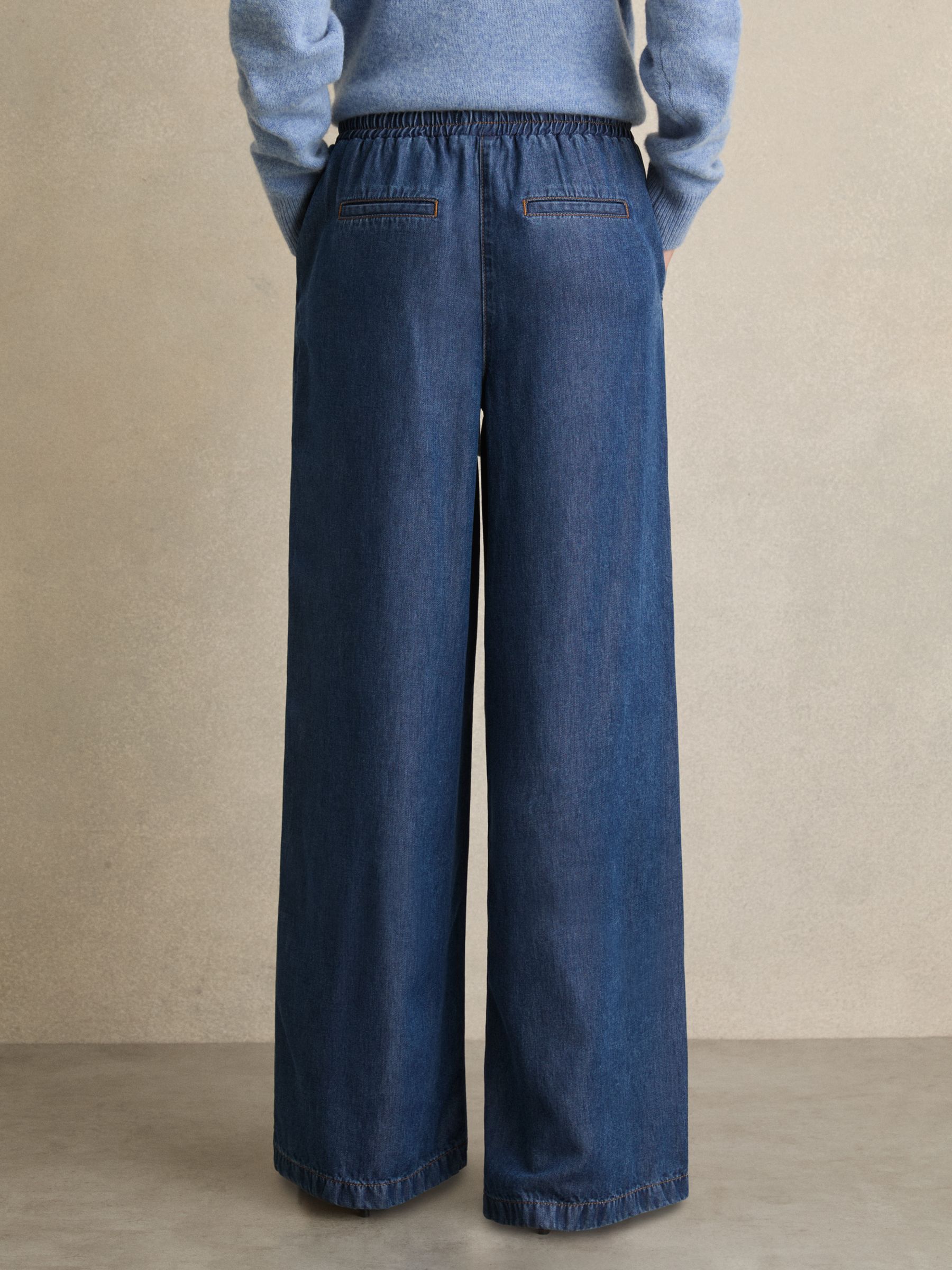 Reiss Wide-Leg Chambray Drawstring Trousers in Mid Blue - REISS