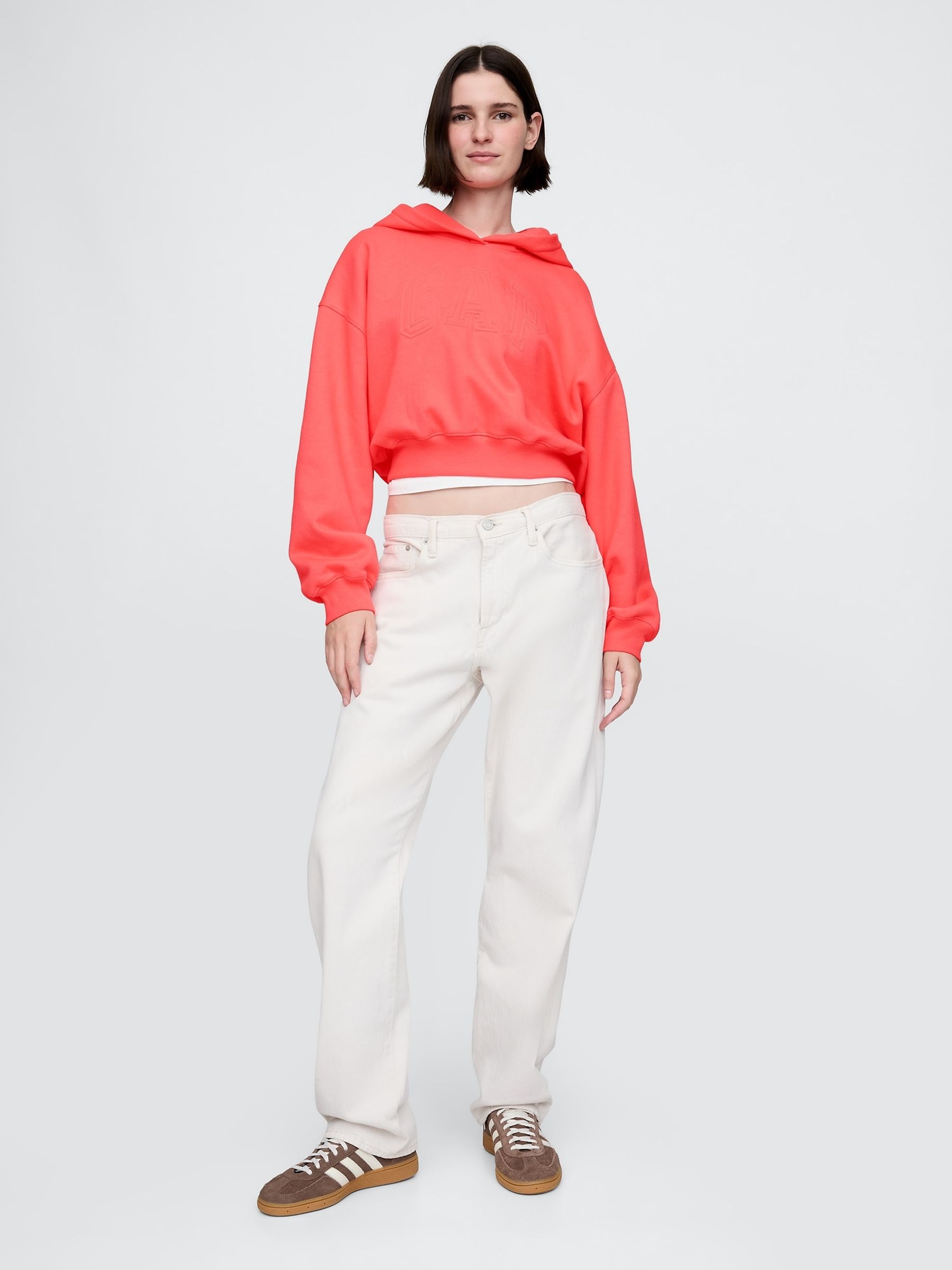 Fluro Red Vintage Soft Fleece-Lined Cropped Logo Hoodie | Gap