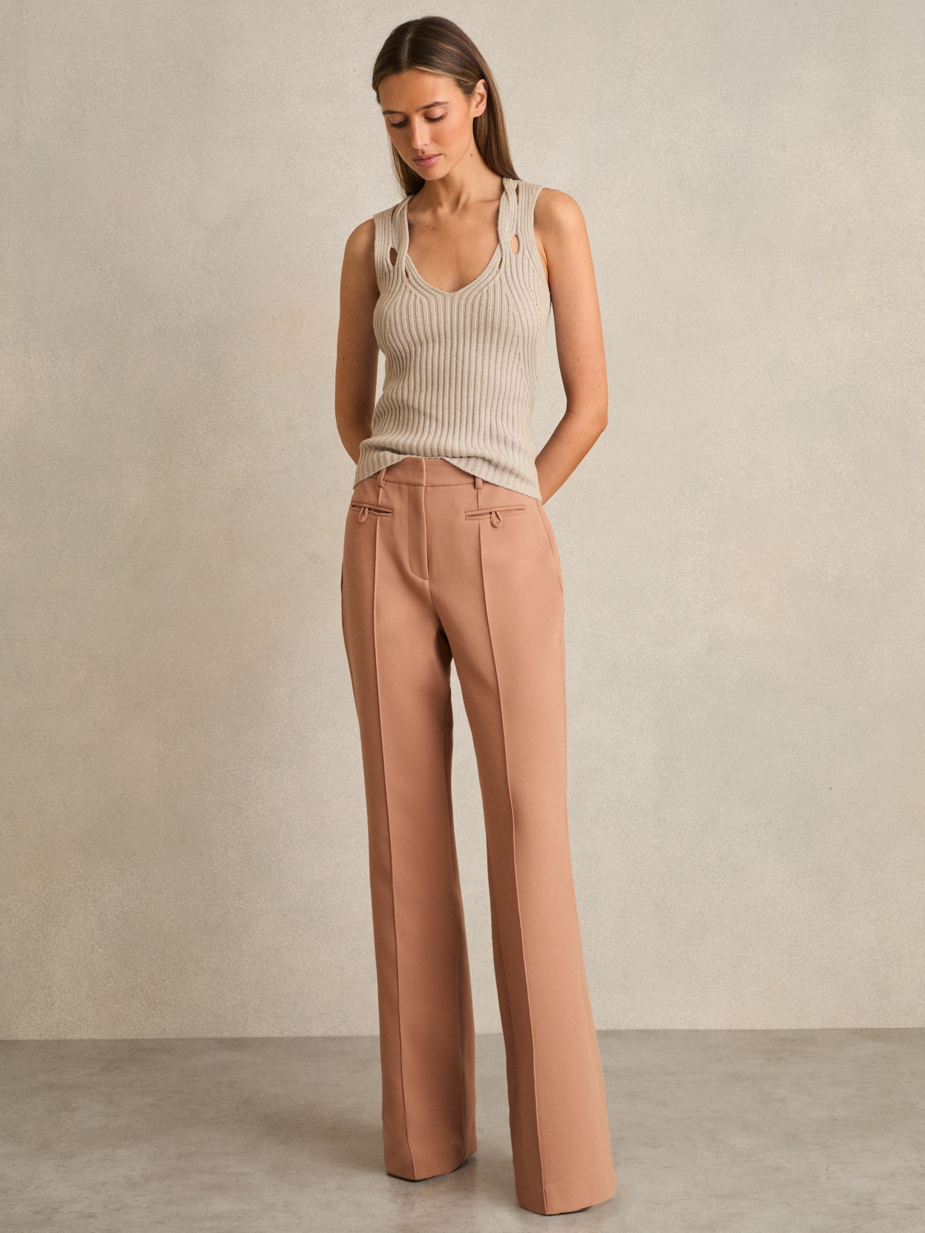Reiss Petite Welt Pocket Flared Trousers in Tan | REISS